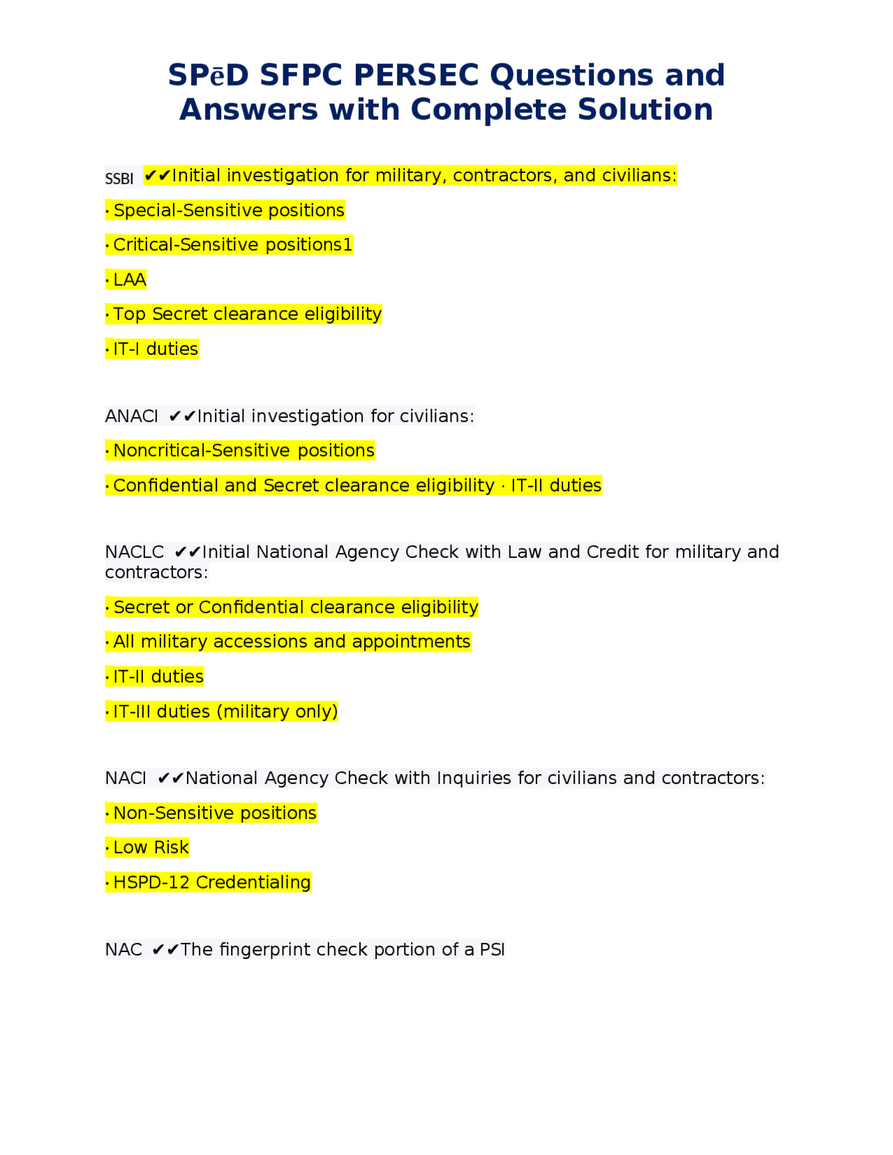 SPēD SFPC PERSEC Questions and Answers with Complete Solution | Exams Artificial Intelligence ...
