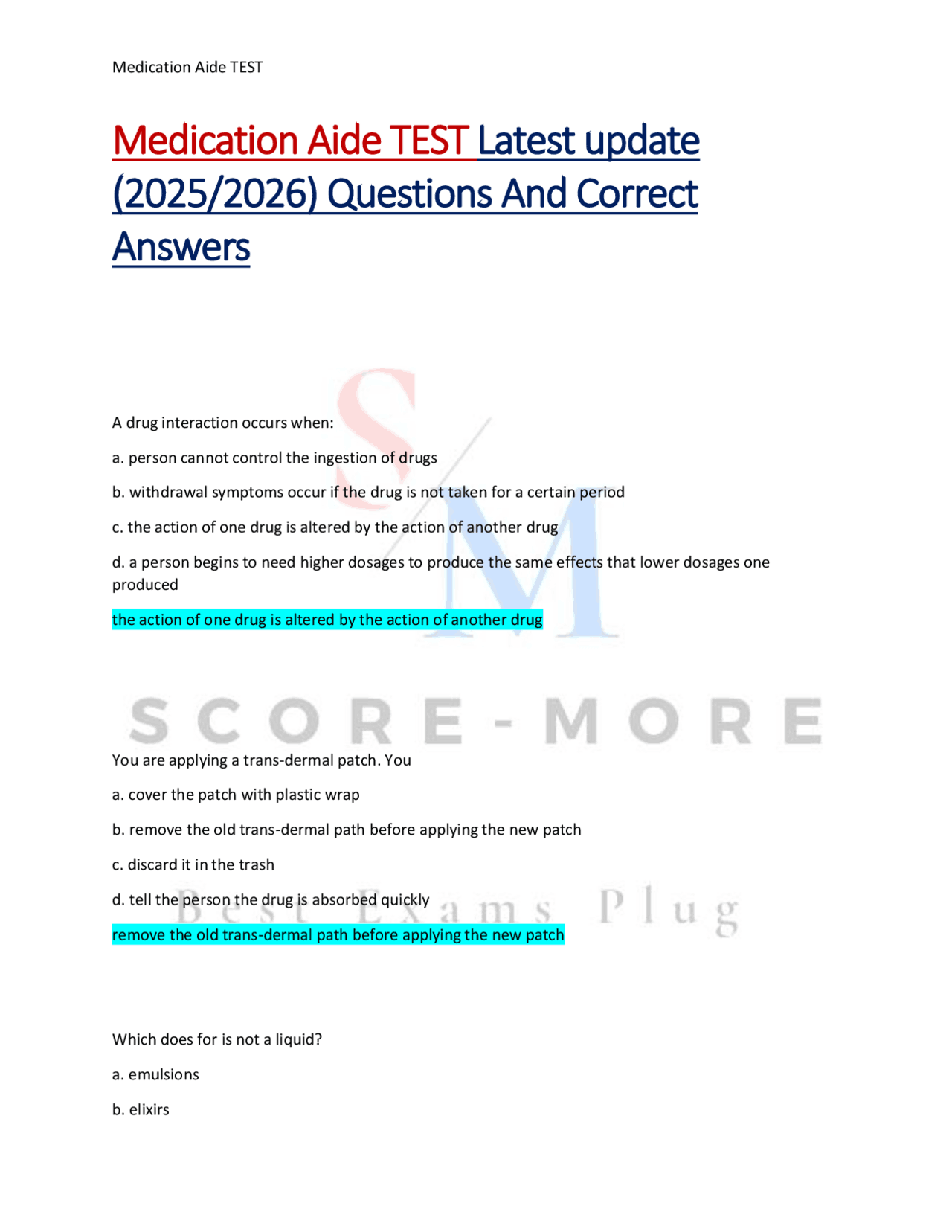 Medication Aide Test Questions and Answers | Exams Nursing | Docsity