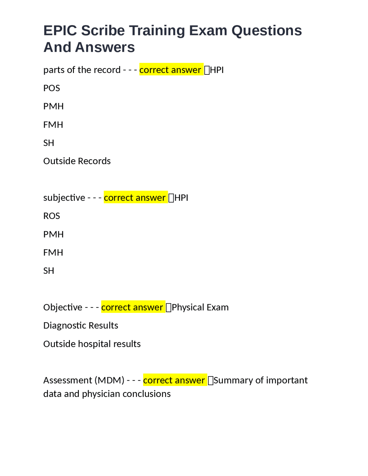 EPIC Scribe Training Exam Questions and Answers | Exams Nursing | Docsity