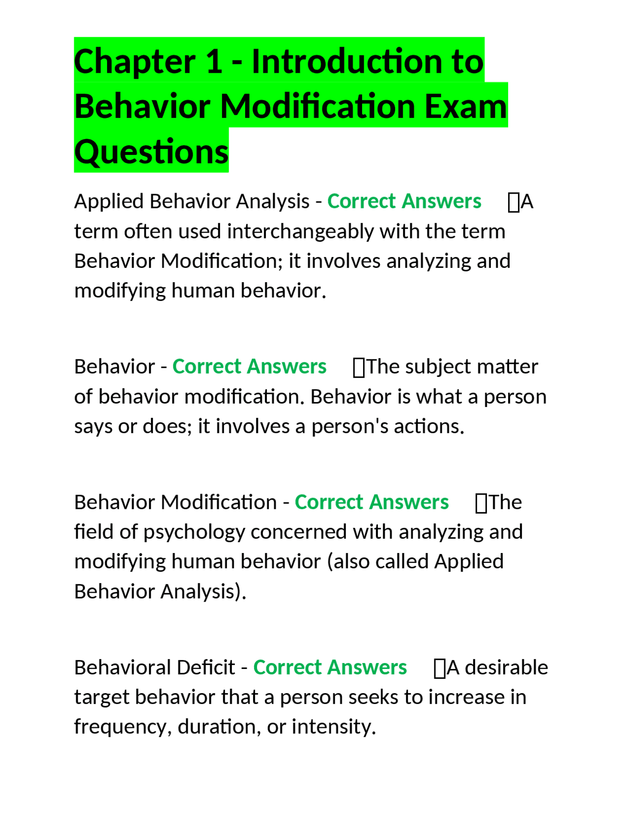 Introduction to Behavior Modification | Exams Nursing | Docsity
