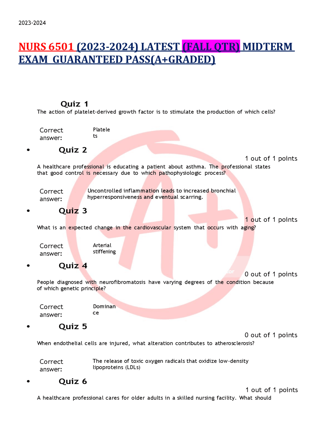 NURS 6501 (2023-2024) LATEST (FALL QTR) MIDTERM EXAM GUARANTEED PASS(A ...