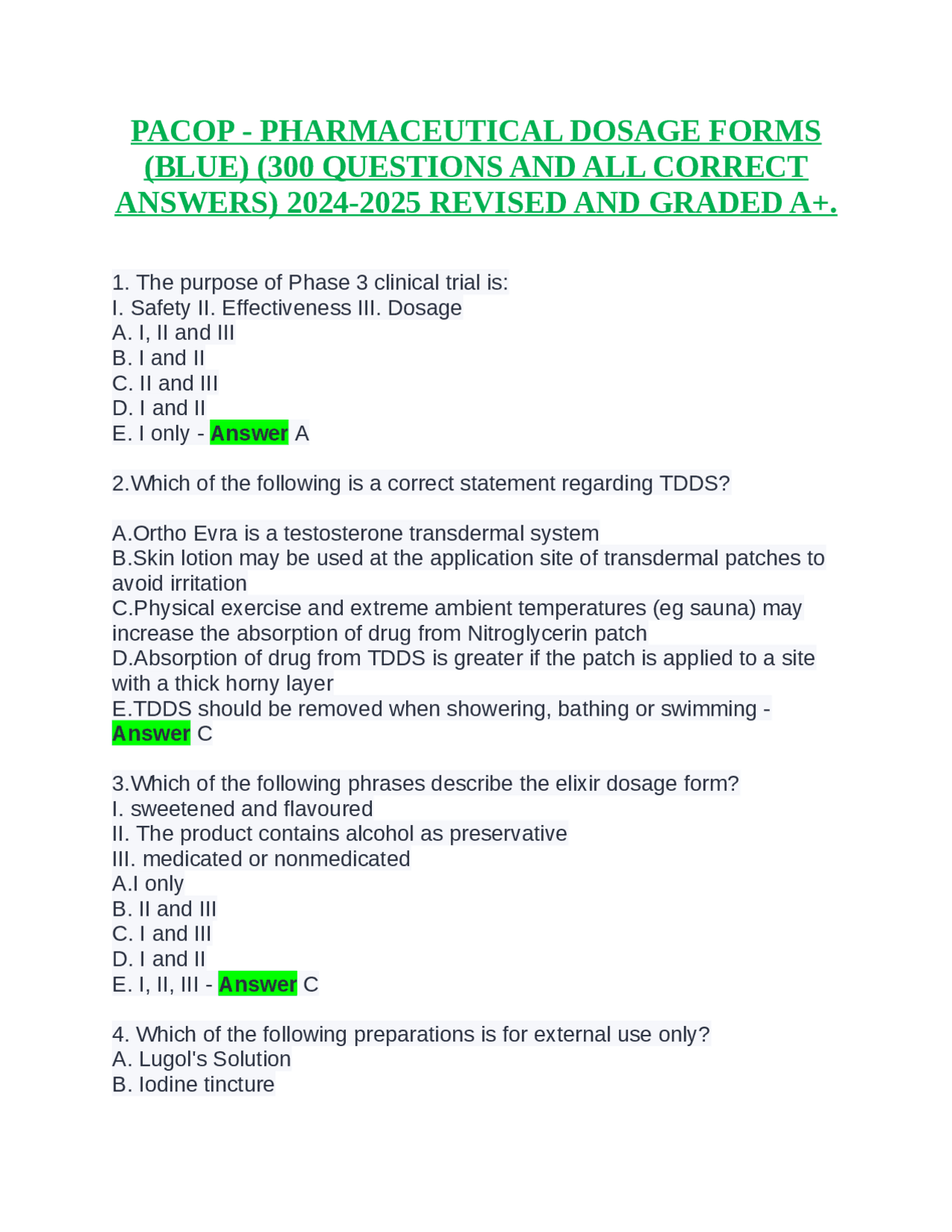 PACOP - PHARMACEUTICAL DOSAGE FORMS (BLUE) (300 QUESTIONS AND ALL ...