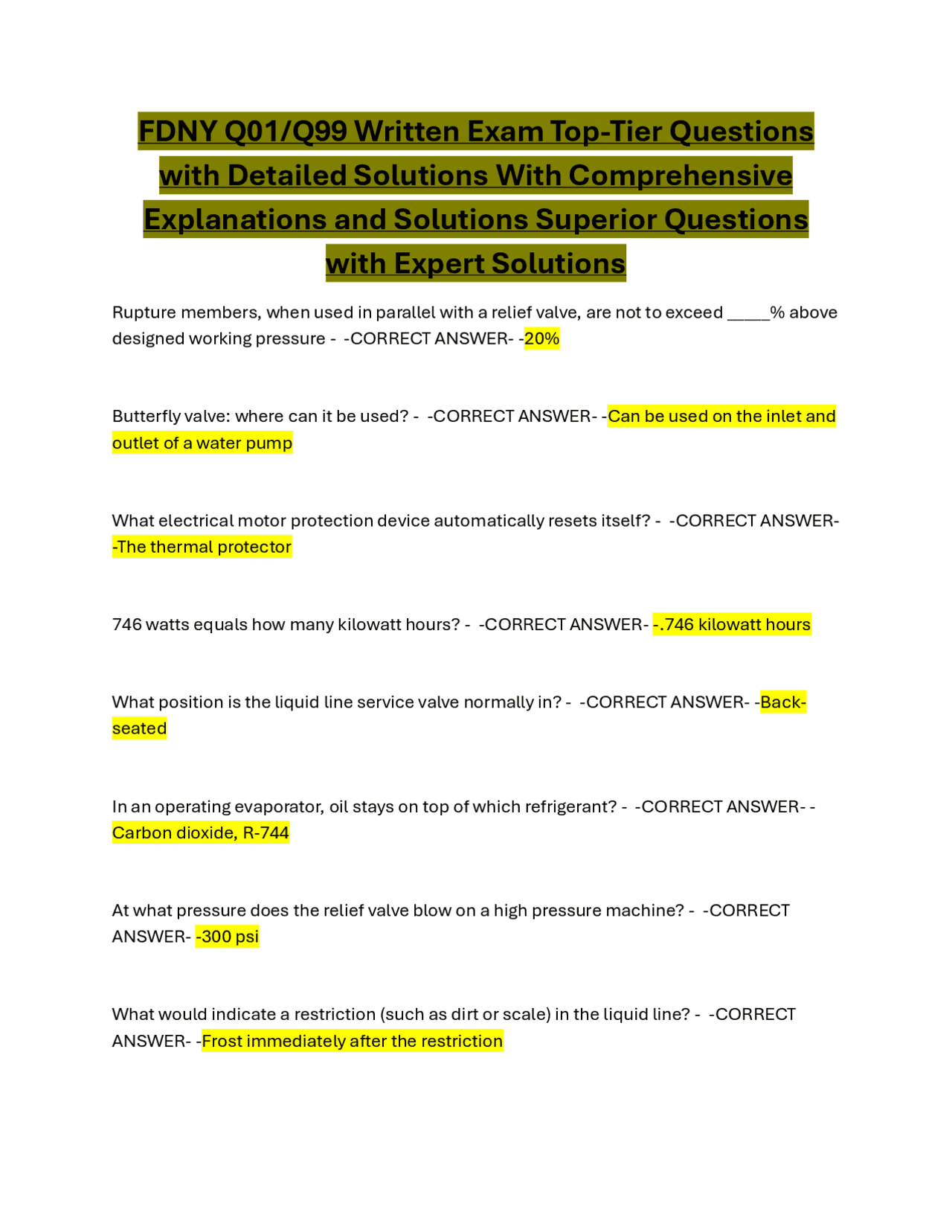 FDNY Q01/Q99 Written Exam Top-Tier Questions with Detailed SolutionS | Exams Engineering | Docsity