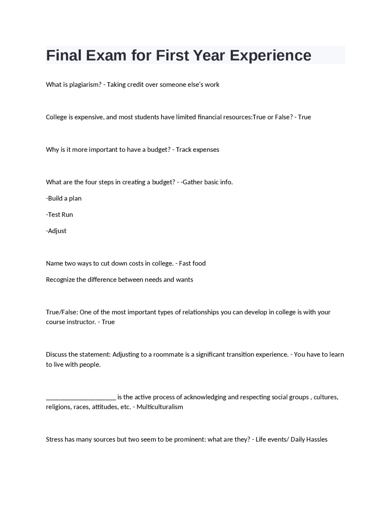 Final Exam for First Year Experience | Exams Advanced Education | Docsity