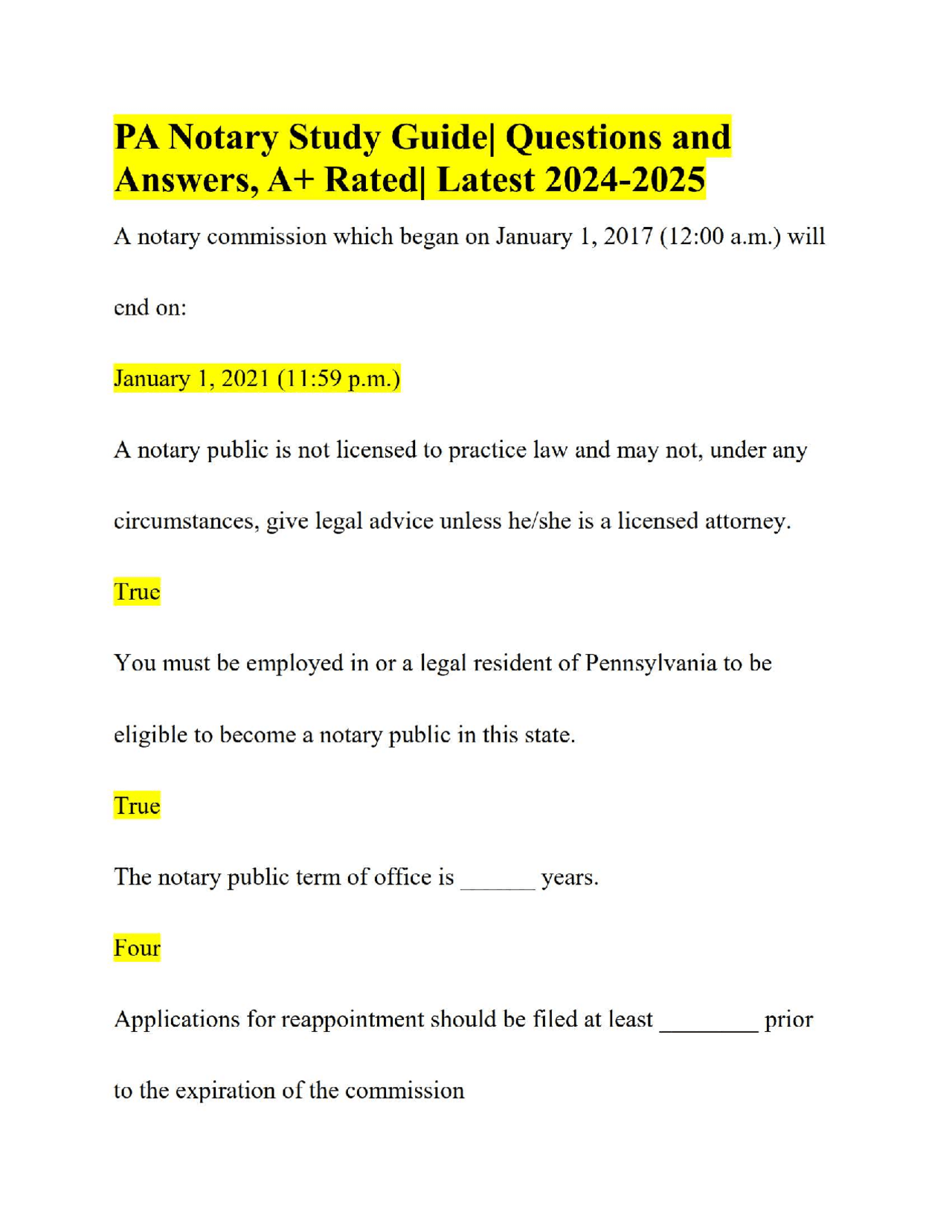 PA Notary Study Guide| Questions and Answers, A+ Rated| Latest 2024 ...