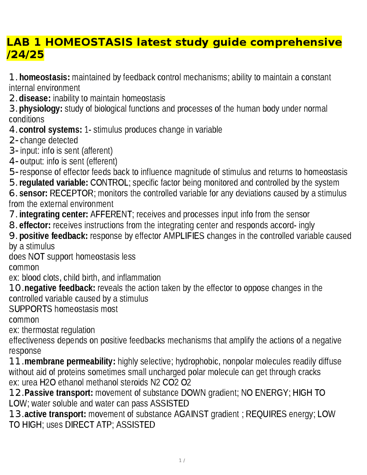 LAB 1 HOMEOSTASIS latest study guide comprehensive /24/25 | Study ...