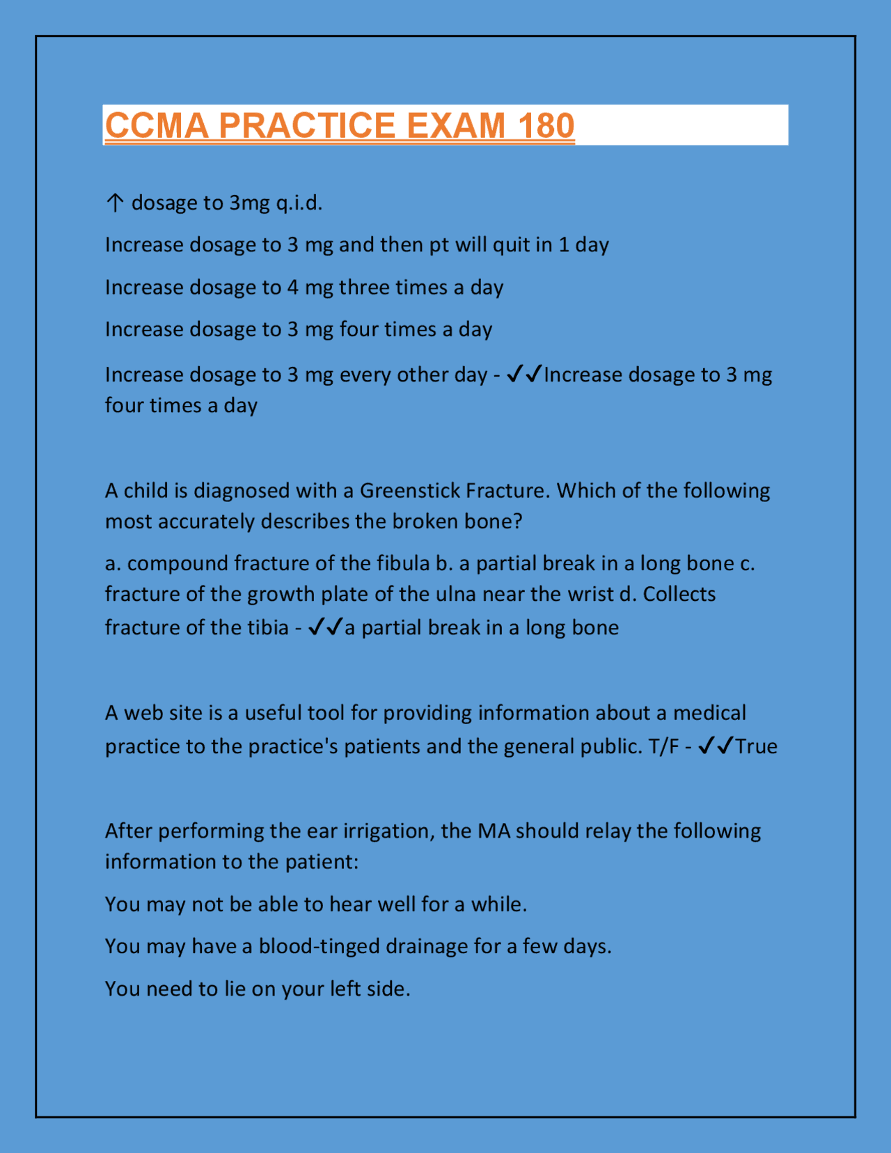 CCMA PRACTICE EXAM 180 | Exams Nursing | Docsity