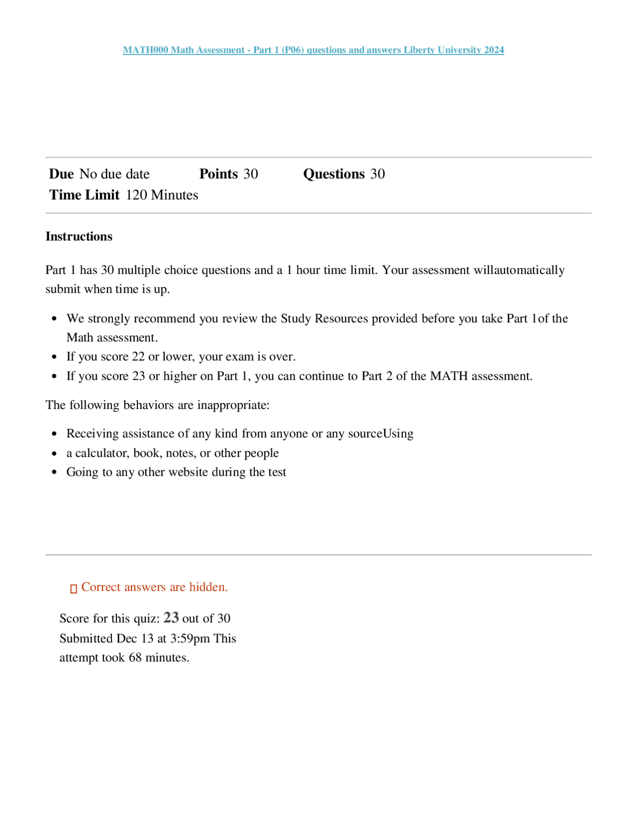 Math000 Math Assessment Part 1 P06 Liberty University 2024 Exams Advanced Education Docsity