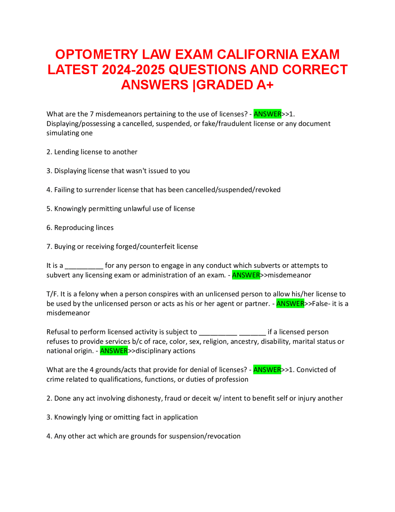 Optometry Law Exam California Exam 2024-2025 | Exams Nursing | Docsity