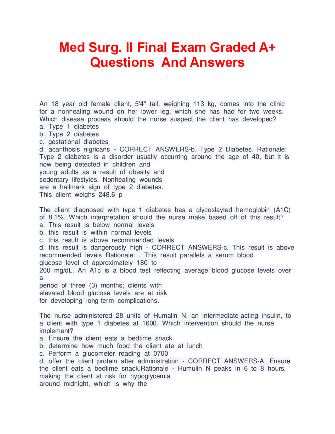 Med Surg. II Final Exam Graded A+ Questions And Answers An 18 year old ...