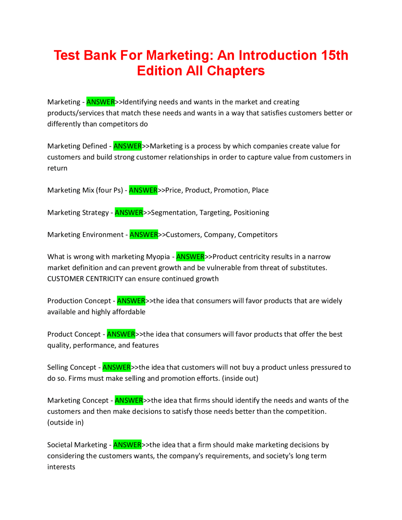 Test Bank For Marketing: An Introduction 15th Edition All Chapters ...