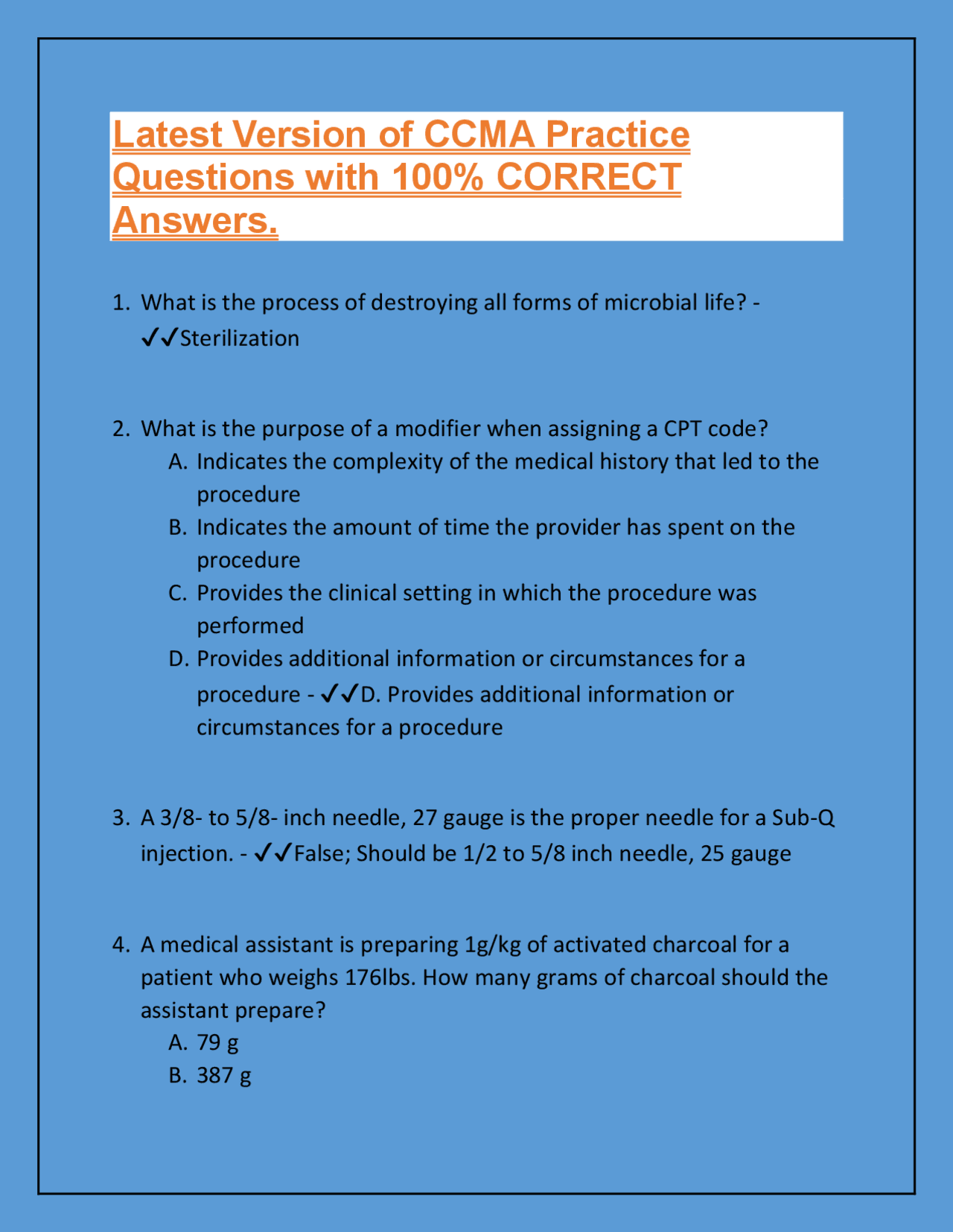 Latest Version of CCMA Practice Questions with 100% CORRECT Answers ...
