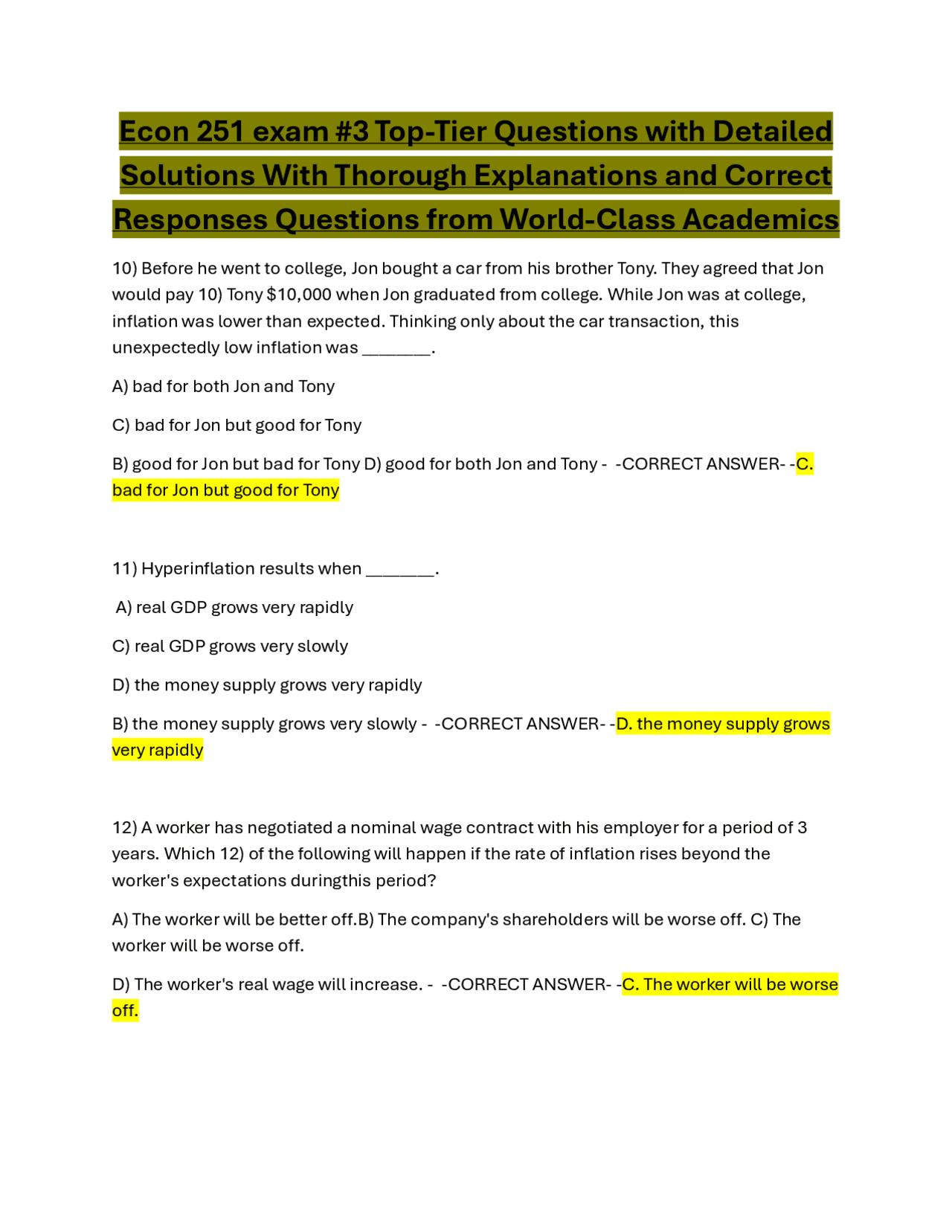 Econ 251 exam #3 Top-Tier Questions with Detailed Solutions With ...