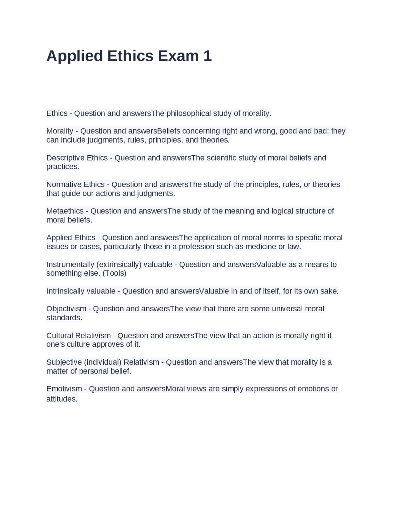 Applied Ethics Exam 1: Exploring Moral Beliefs and Practices | Exams ...