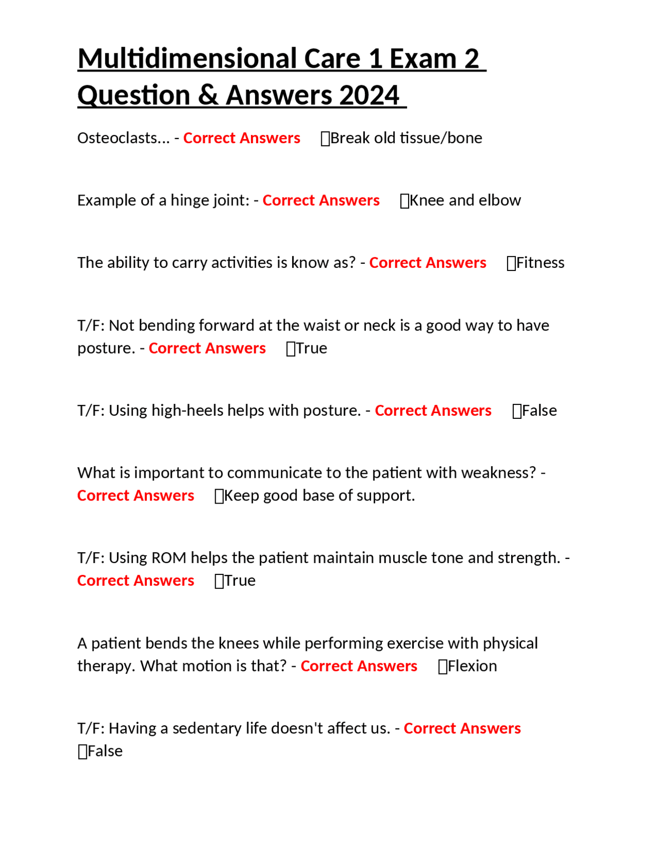 Multidimensional Care 1 Exam 2 Questions & Answers 2024 | Exams Nursing | Docsity