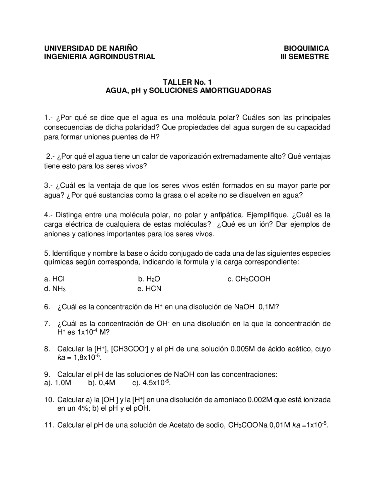 Taller Ph, agua y soluciones amprtiguadoras | Ejercicios de Bioquímica | Docsity