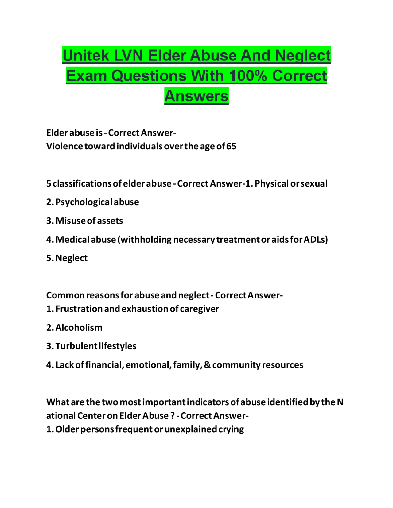 Elder Abuse and Neglect: Exam Questions and Answers | Exams Advanced ...