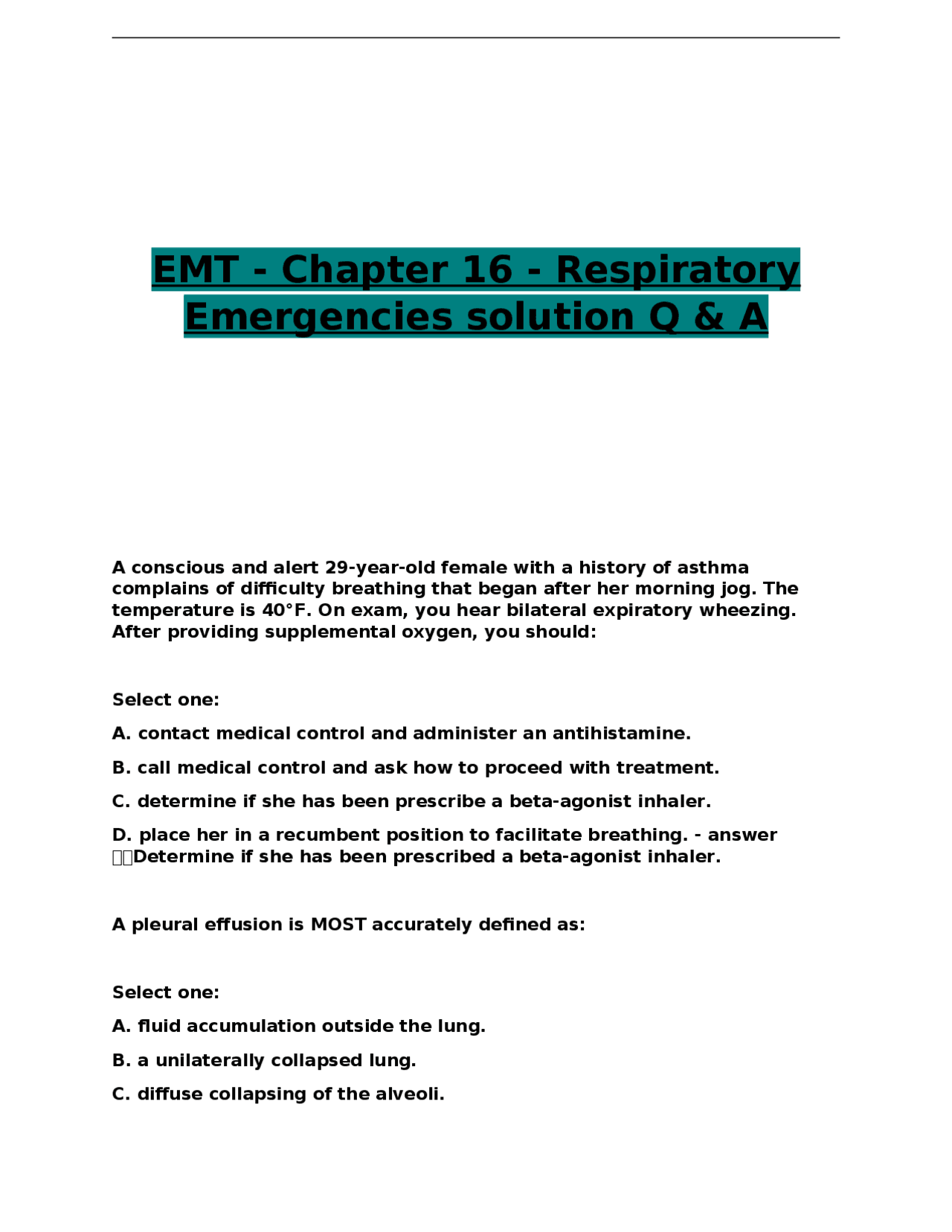 EMT - Chapter 16 - Respiratory Emergencies solution Q & A | Exams ...