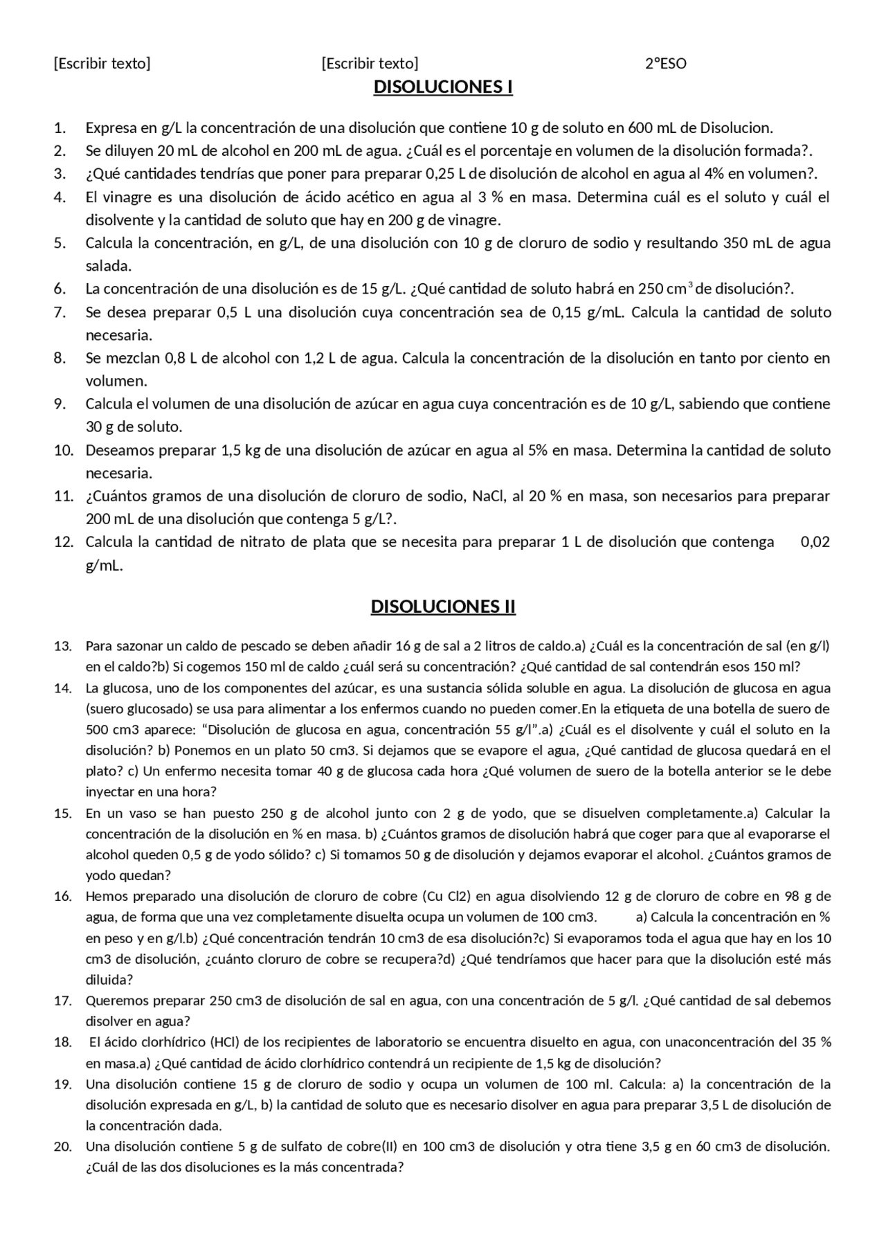 Disoluciones fáciles de repaso | Ejercicios de Química | Docsity
