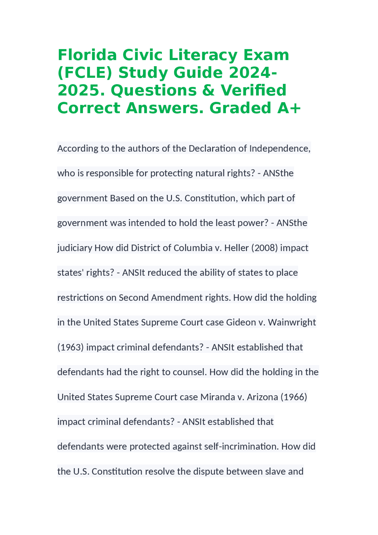 Florida Civic Literacy Exam (FCLE) Study Guide 2024-2025. Questions ...