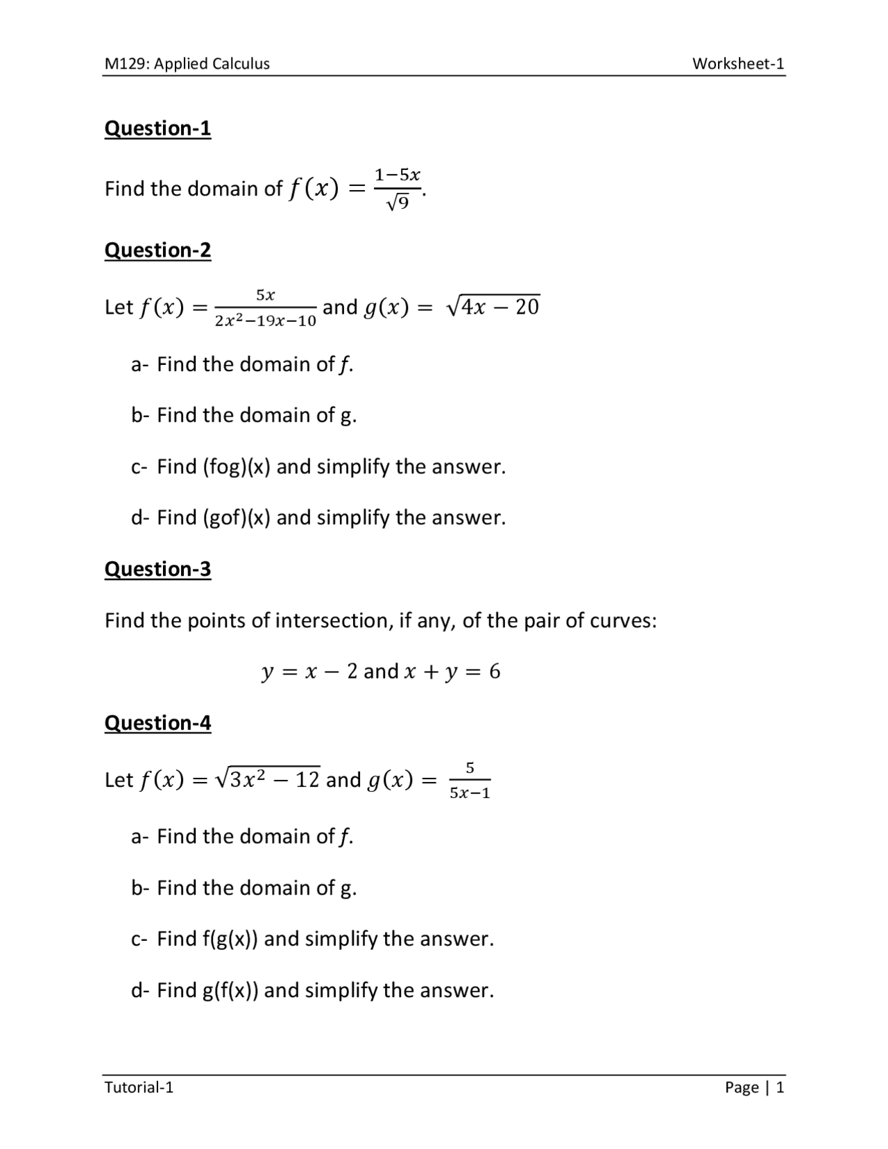 Tutorial 1 Worksheet 1 | Provas Matemática | Docsity