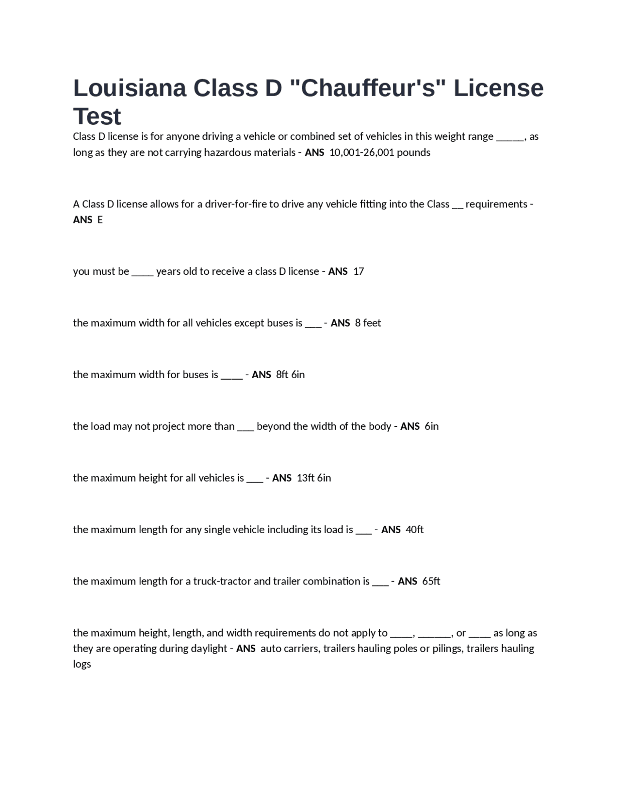 Louisiana Class D "Chauffeur's" License Test | Exams Civil Engineering ...