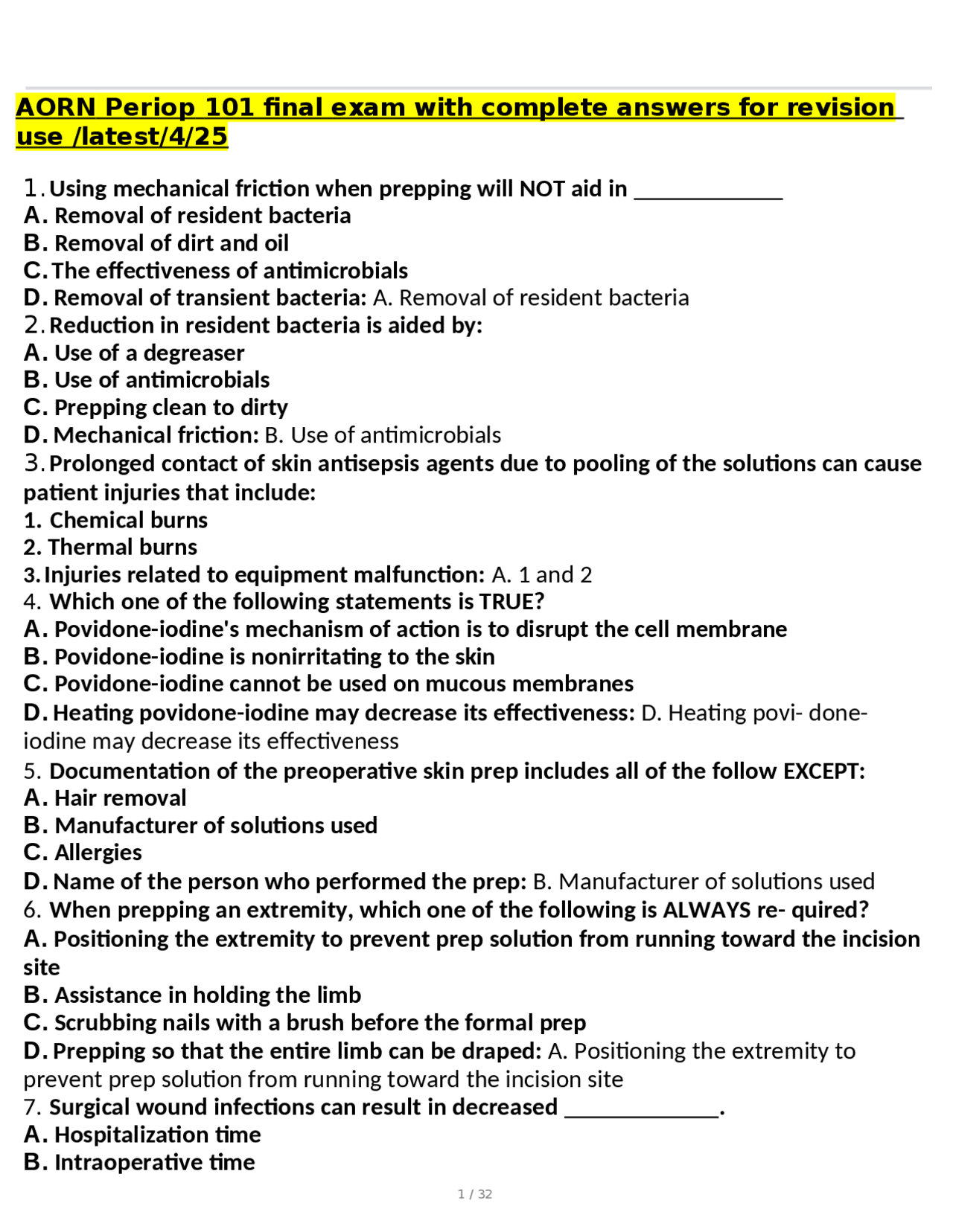 AORN Periop 101 final exam with complete answers for revision use ...