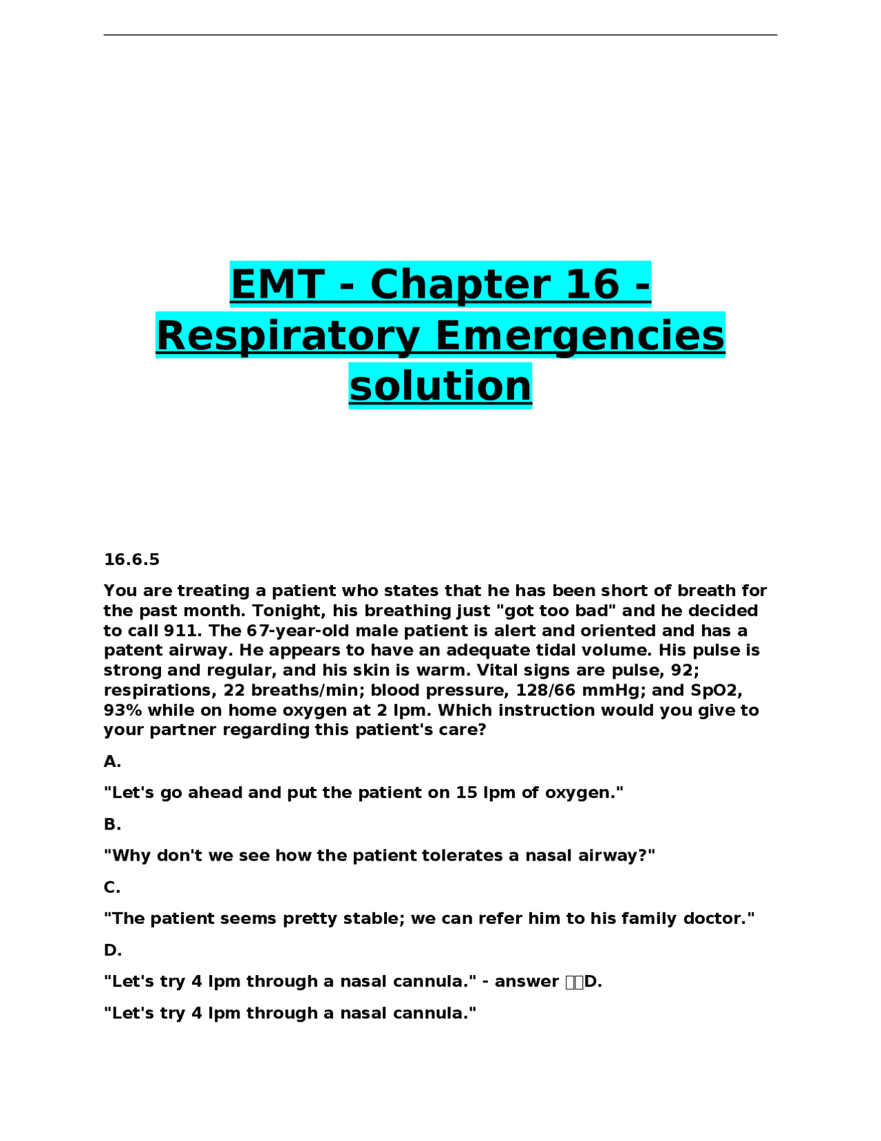 EMT - Chapter 16 - Respiratory Emergencies solution | Exams Nursing ...