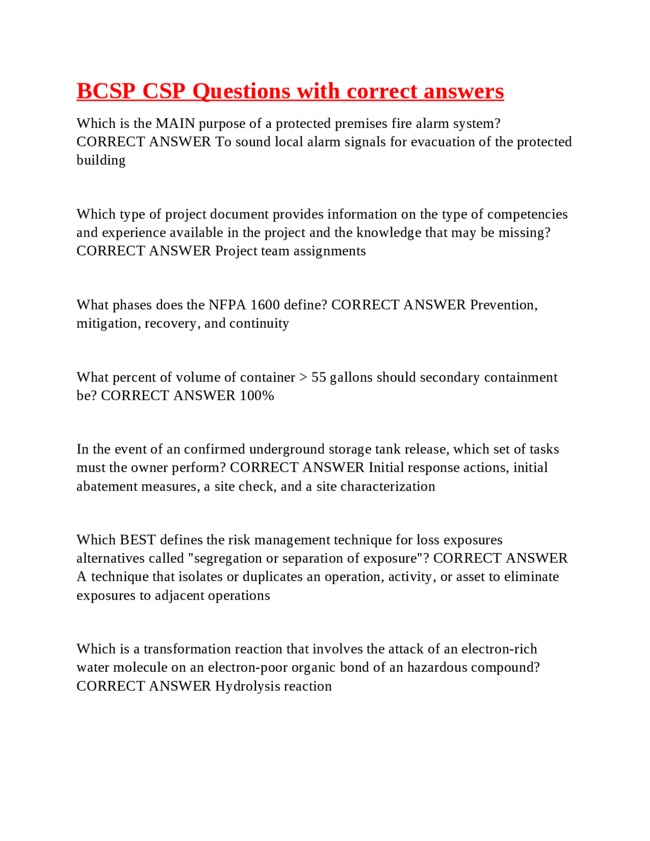 BCSP CSP Questions with correct answers | Exams Nursing | Docsity