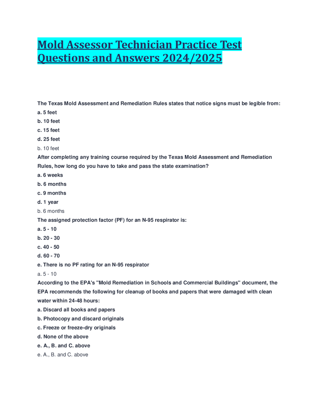 Mold Assessor Technician Practice Test Questions and Answers 2024/2025 ...