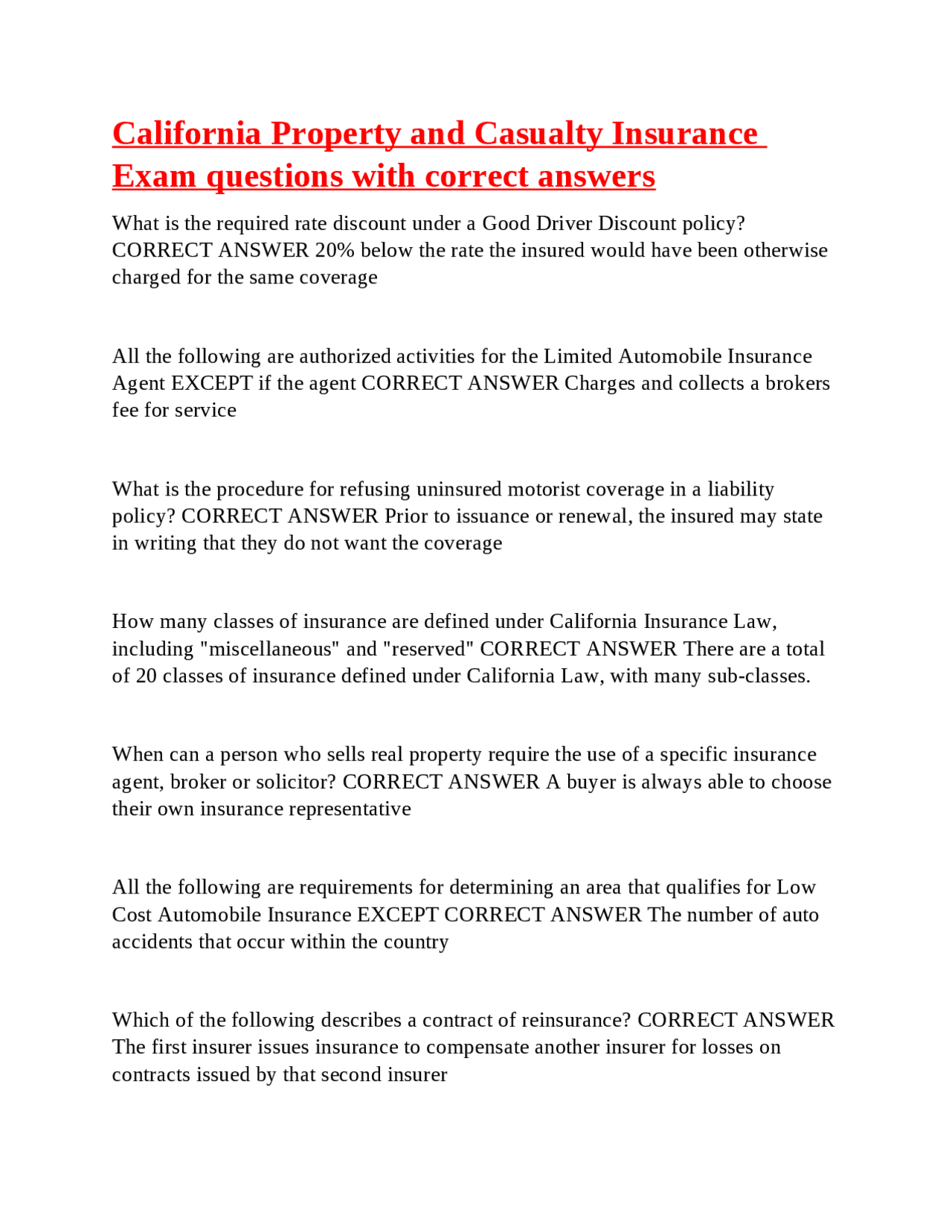 California Property and Casualty Insurance Exam questions with correct ...