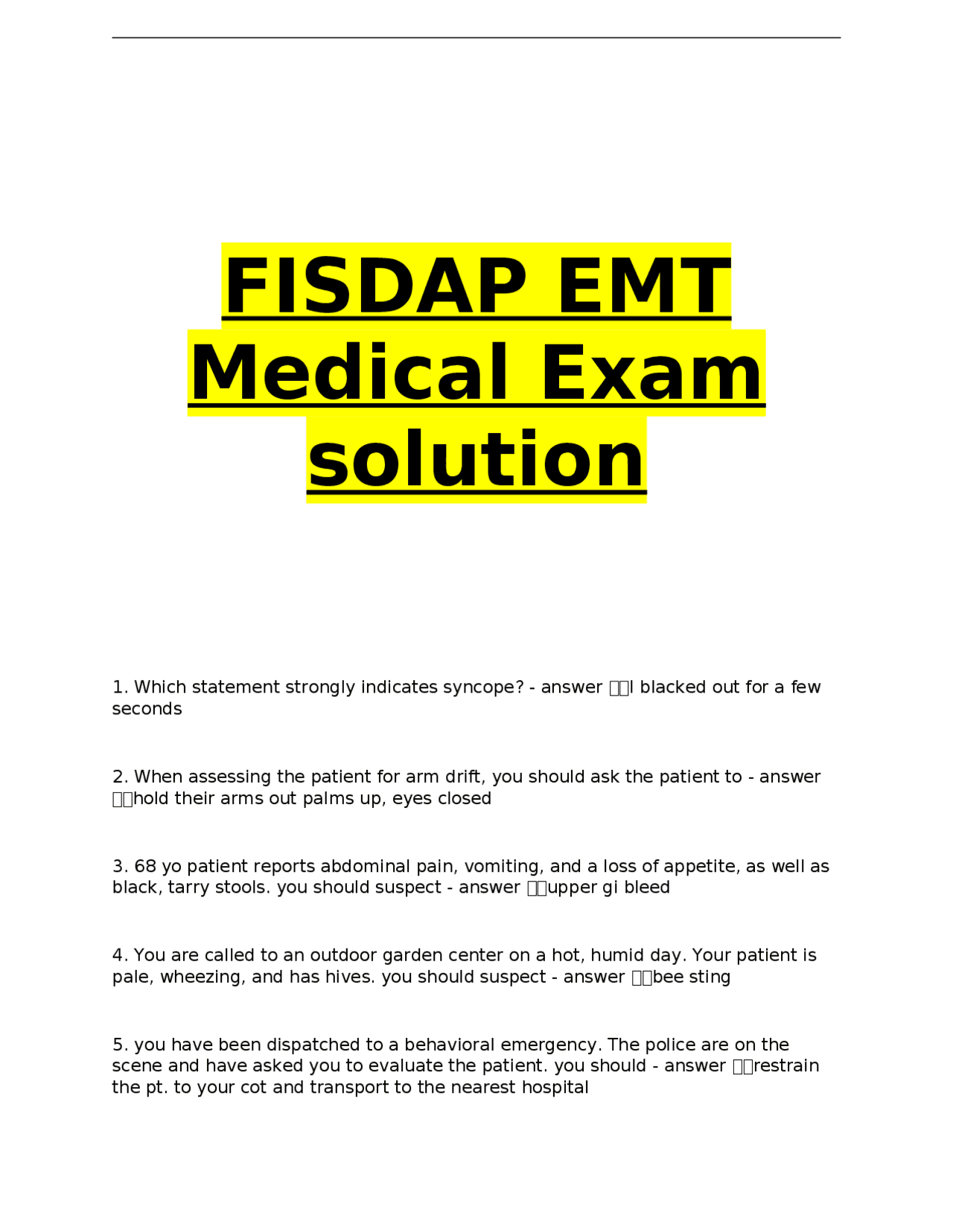 FISDAP EMT Medical Exam solution | Exams Nursing | Docsity