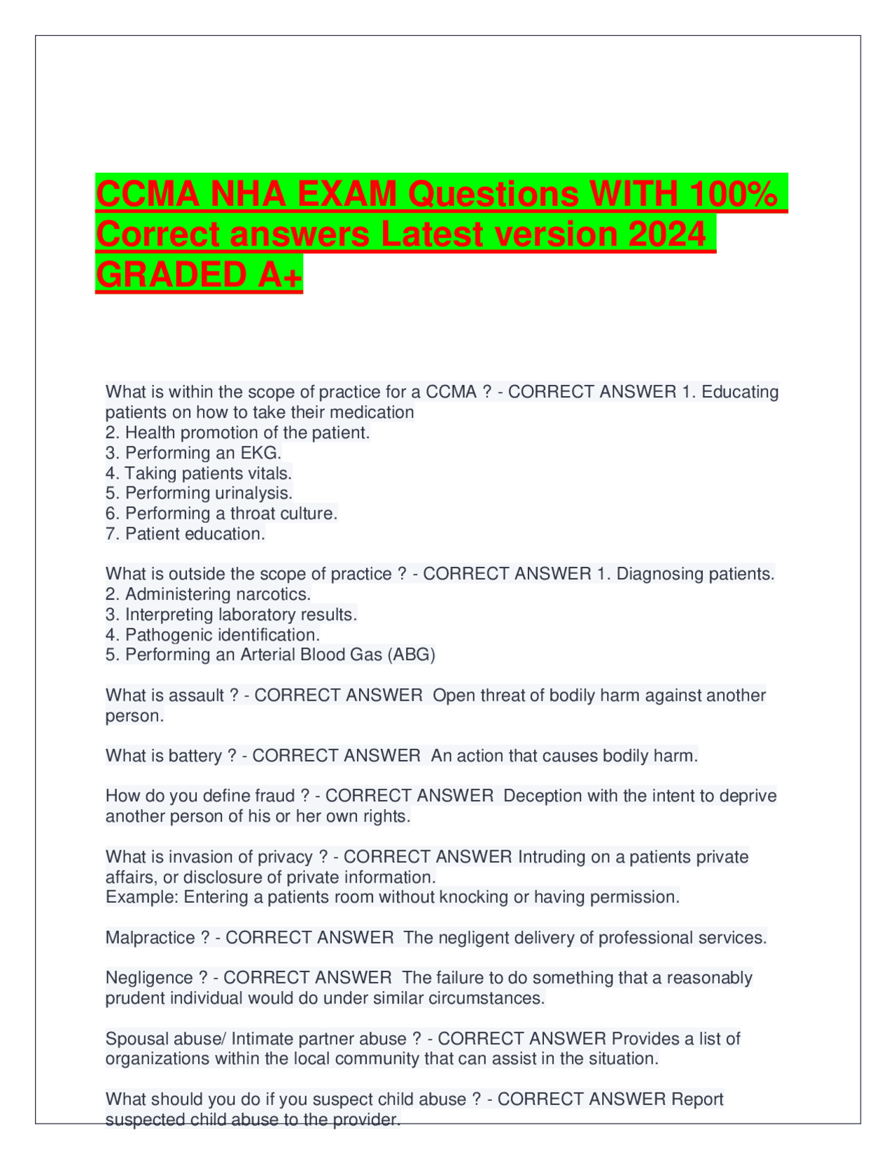 CCMA NHA EXAM Questions WITH 100% Correct answers Latest version 2024 ...