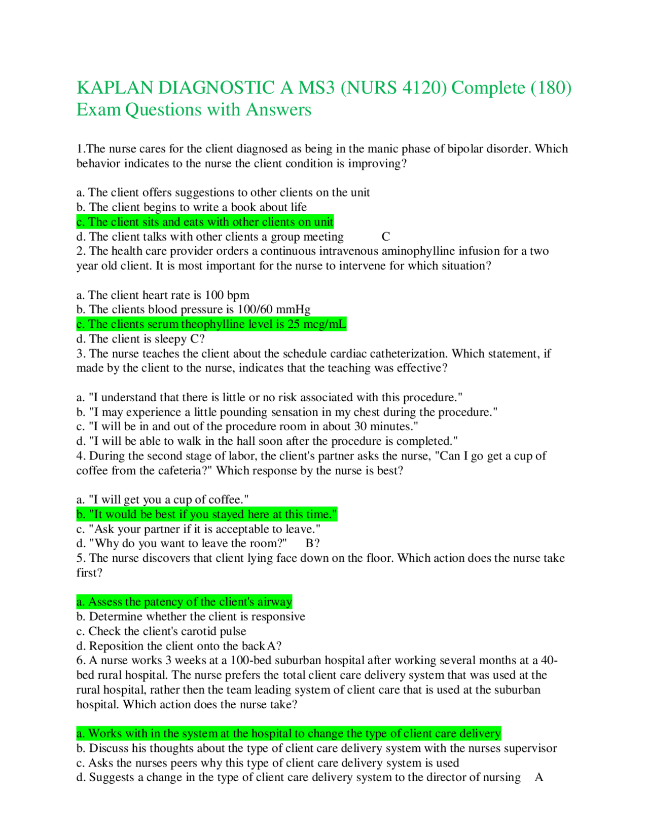 DIAGNOSTIC A MS3 (NURS 4120) Complete (180) Exam Questions with Answers | Study Guide | Study ...