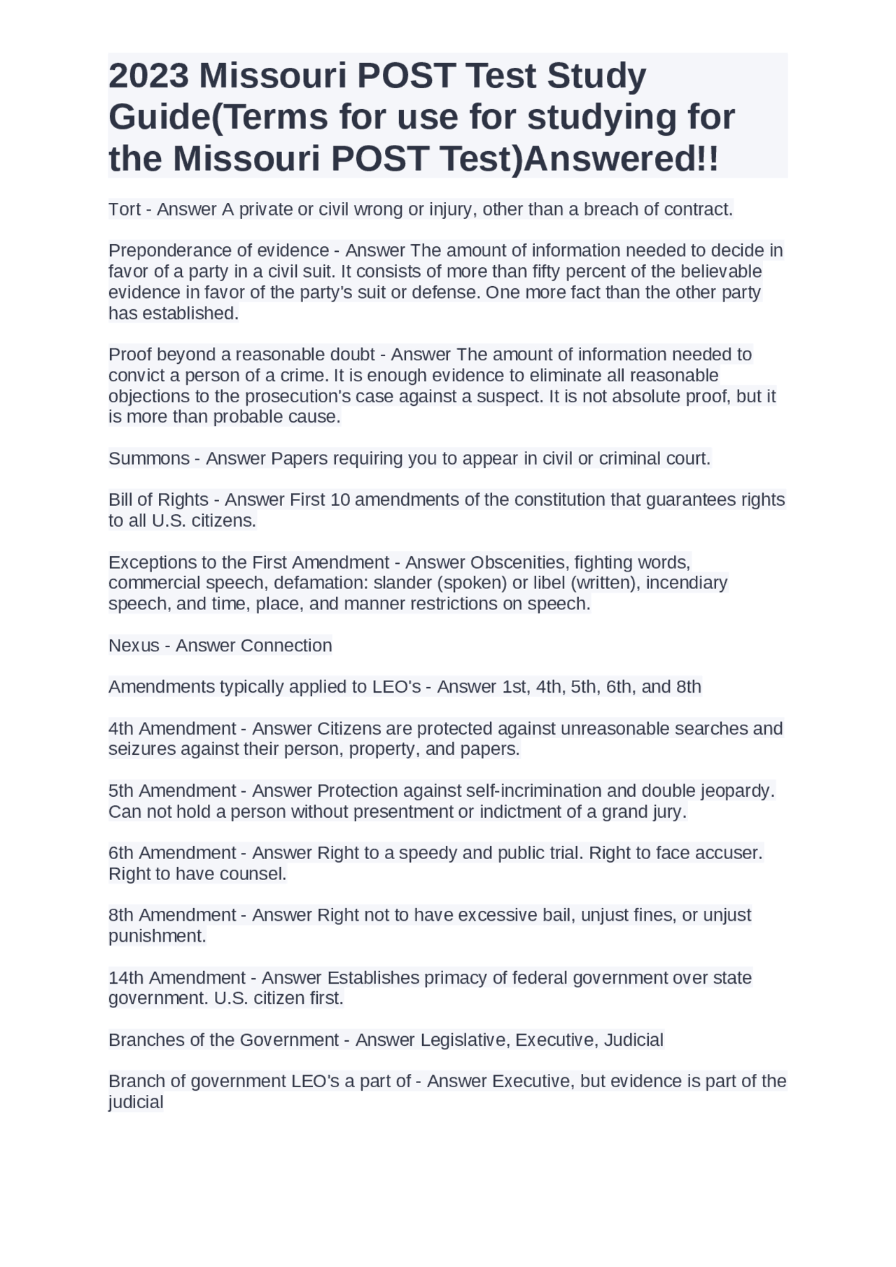 2023 Missouri POST Test Study Guide(Terms for use for studying for the ...