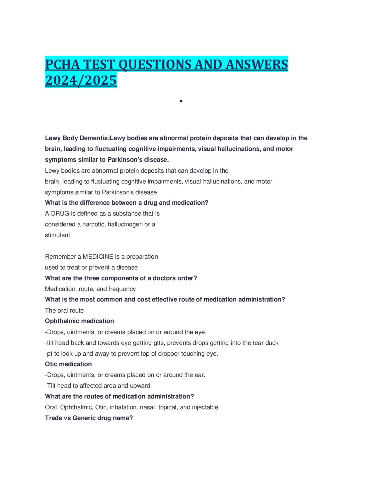 PCHA TEST QUESTIONS AND ANSWERS 2024/2025 | Exams Health sciences | Docsity