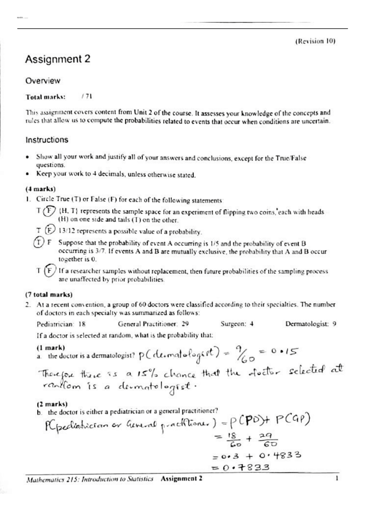 MATH 215 ASSIGNMENT 2 COMPLETE Athabasca University | Exams Mathematics ...