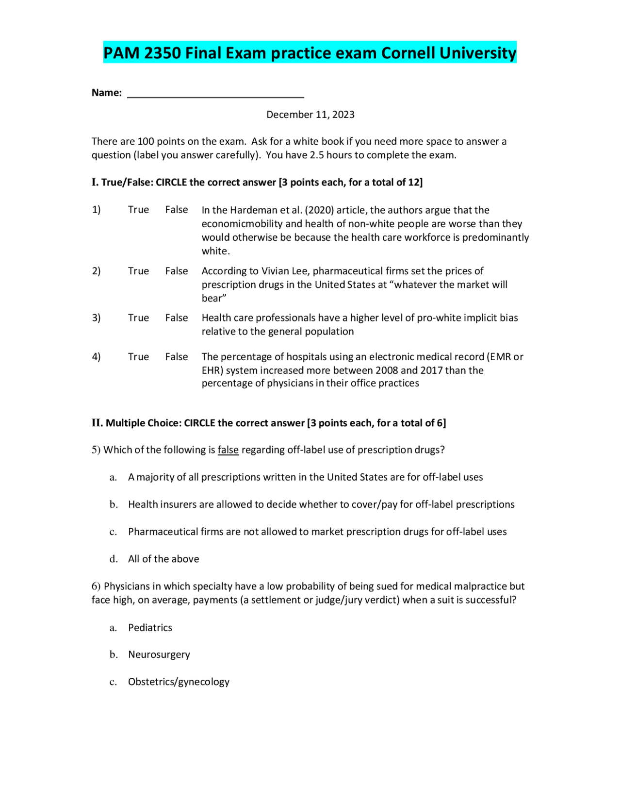 PAM 2350 Final Exam practice exam Cornell University | Exams Advanced ...