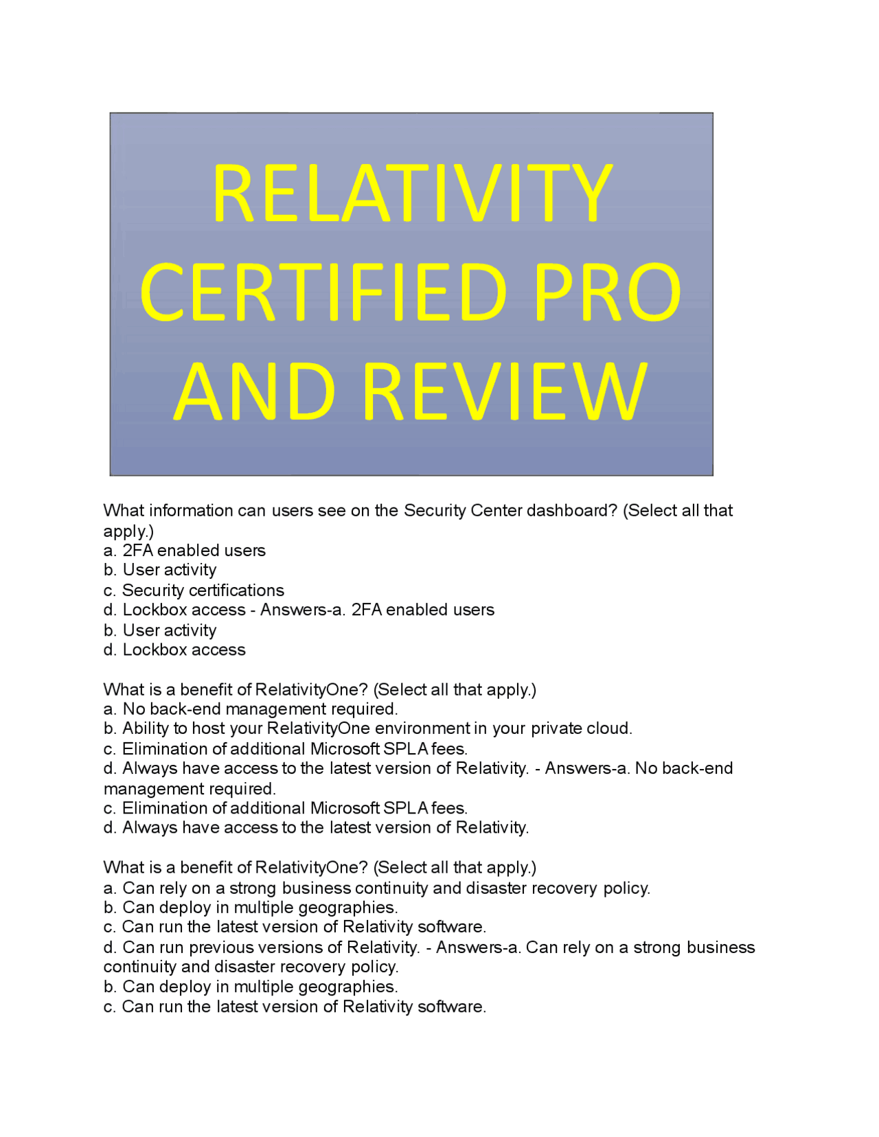 RELATIVITY CERTIFIED PRO AND REVIEW | Exams Social Sciences | Docsity