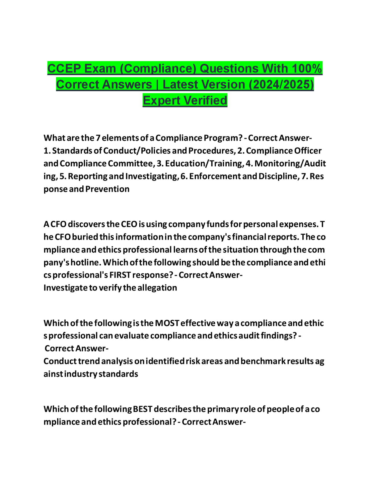 CCEP Exam (Compliance) Questions With 100% Correct Answers | Latest ...