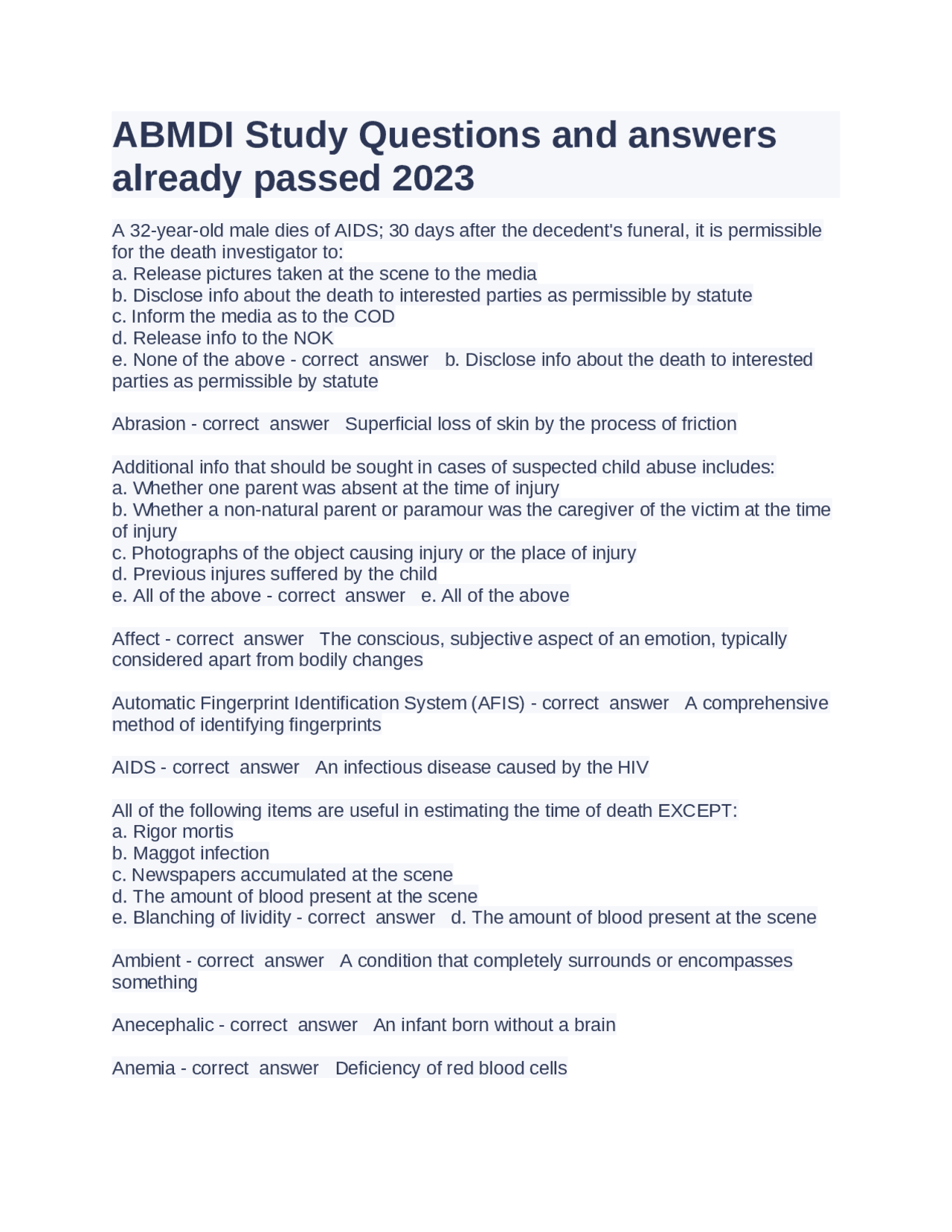 ABMDI Study Questions and answers already passed | Exams Nursing | Docsity