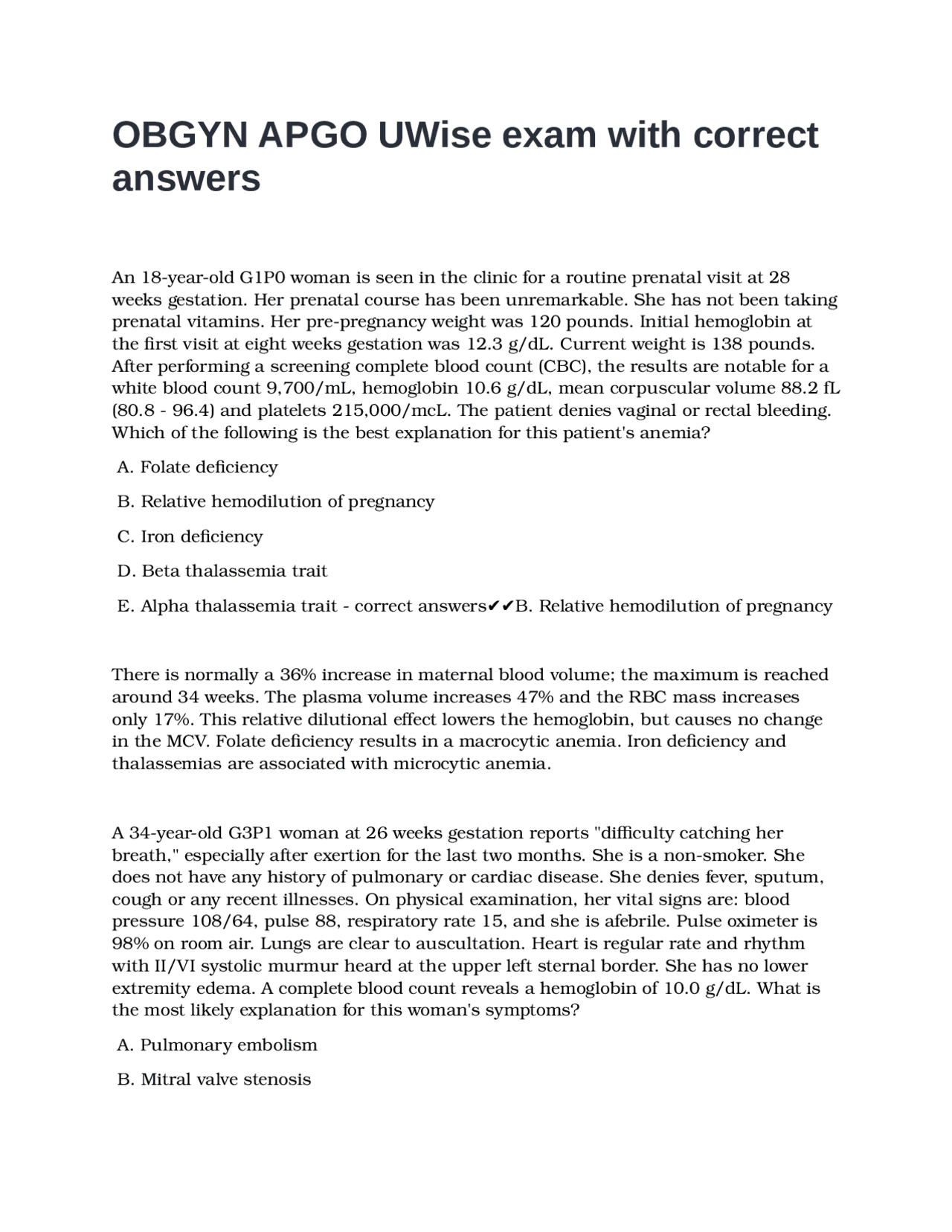 OBGYN APGO UWise exam with correct answers | Exams Nursing | Docsity