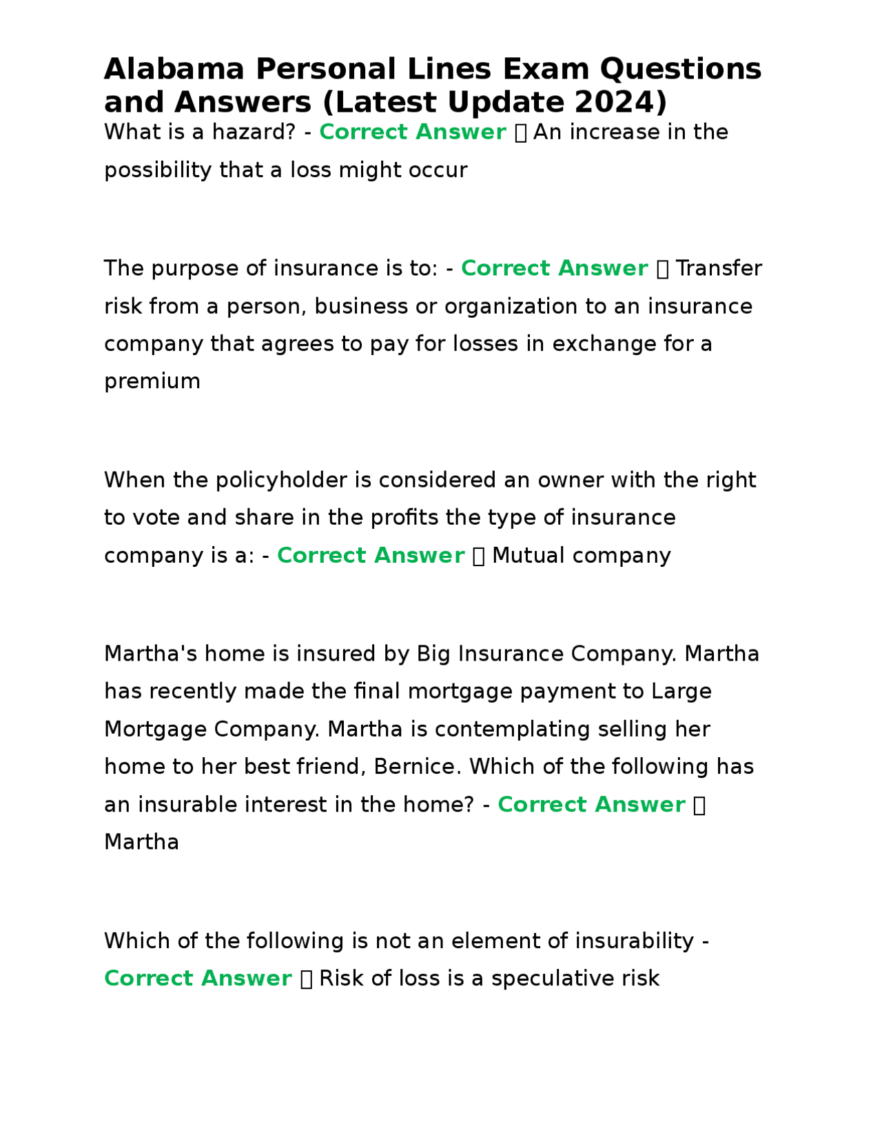 Alabama Personal Lines Exam Questions and Answers (Latest Update 2024 ...