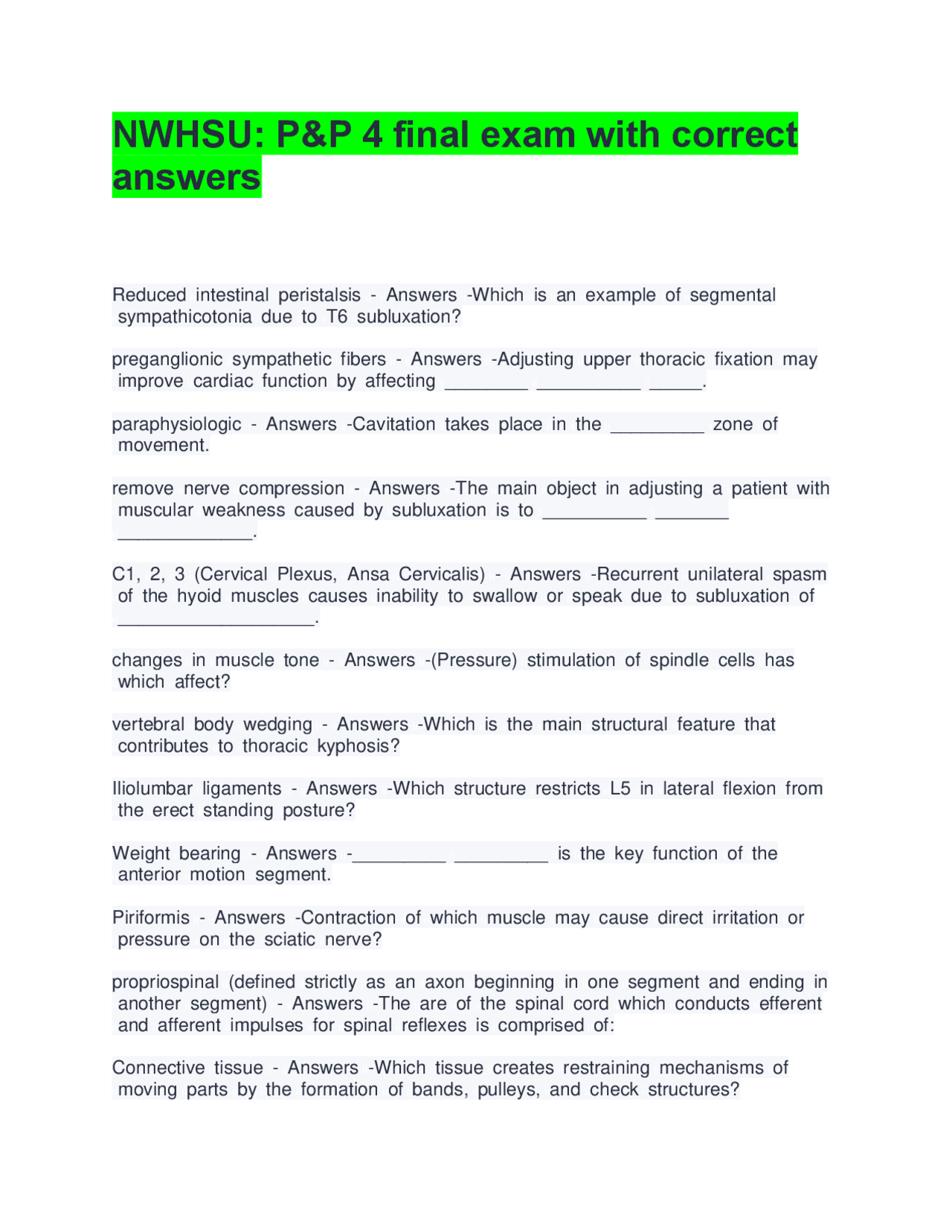 NWHSU P&P 4 final exam with correct answers | Exams Nursing | Docsity