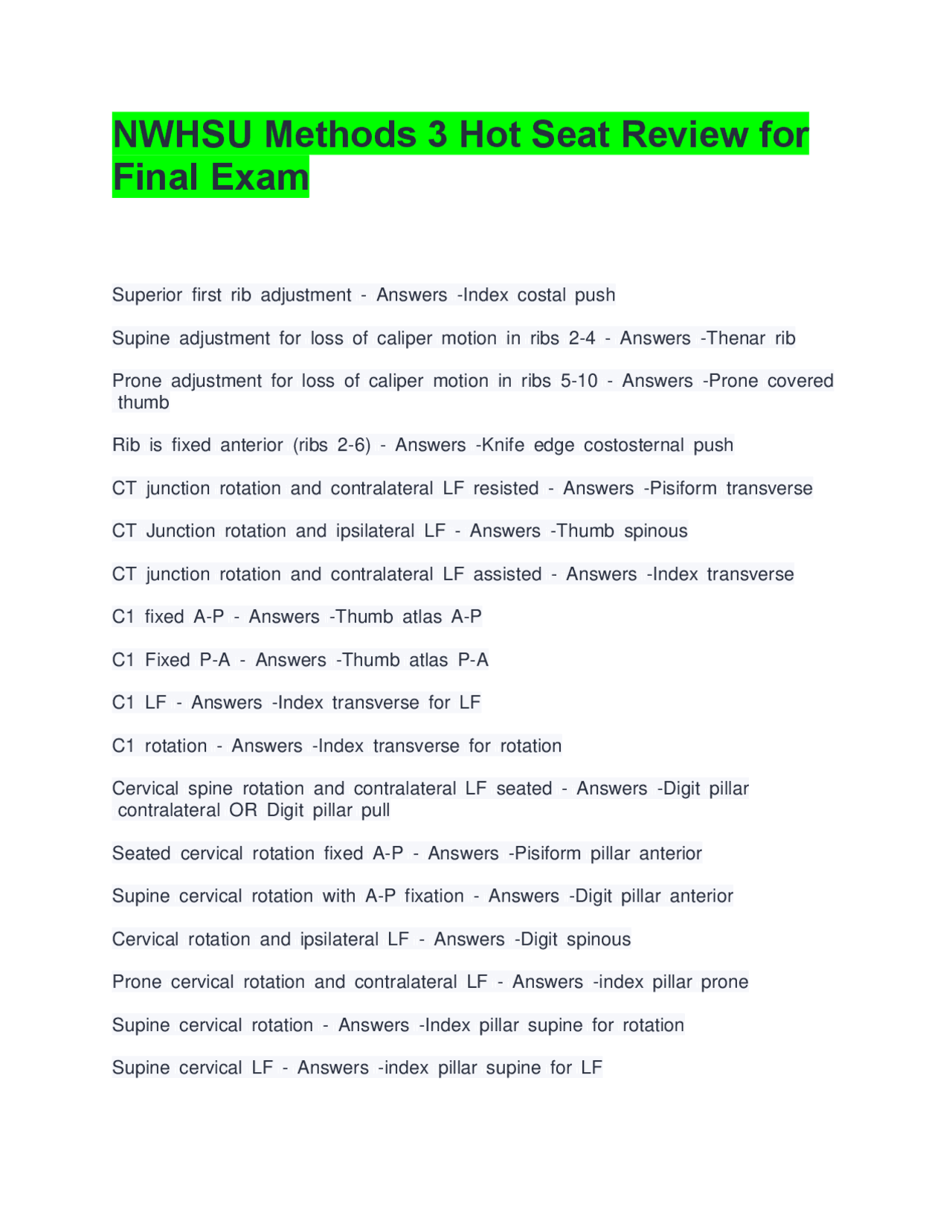 Hot Seat Review Methods 3 for NWHSU Final Exam | Exams Nursing | Docsity