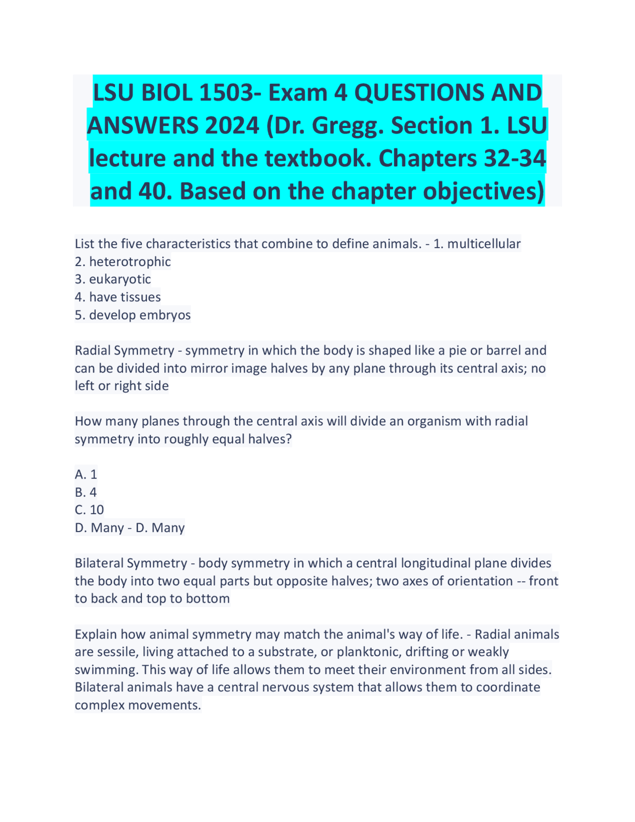 LSU BIOL 1503- Exam 4 QUESTIONS AND ANSWERS 2024 (Dr. Gregg. Section 1 ...