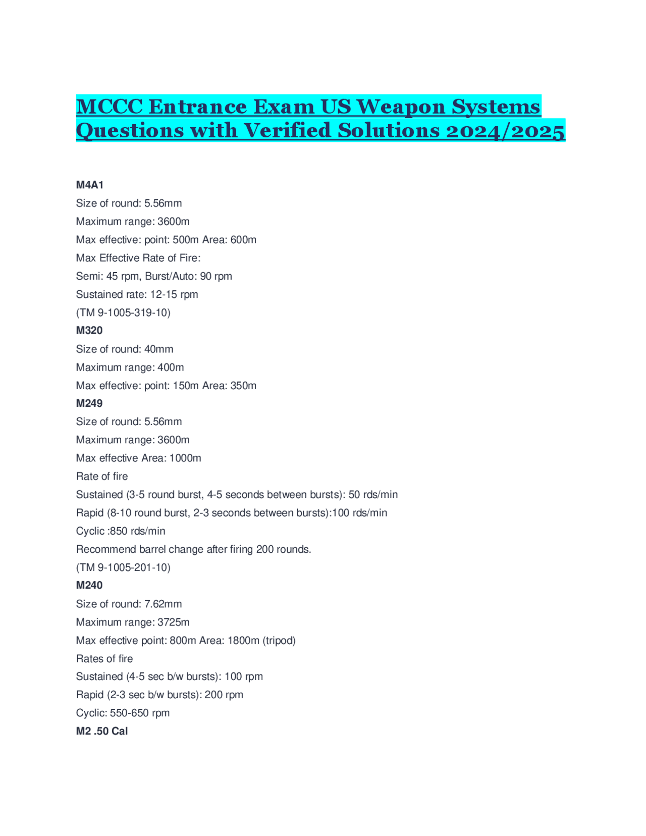 MCCC Entrance Exam US Weapon Systems Questions with Verified Solutions ...
