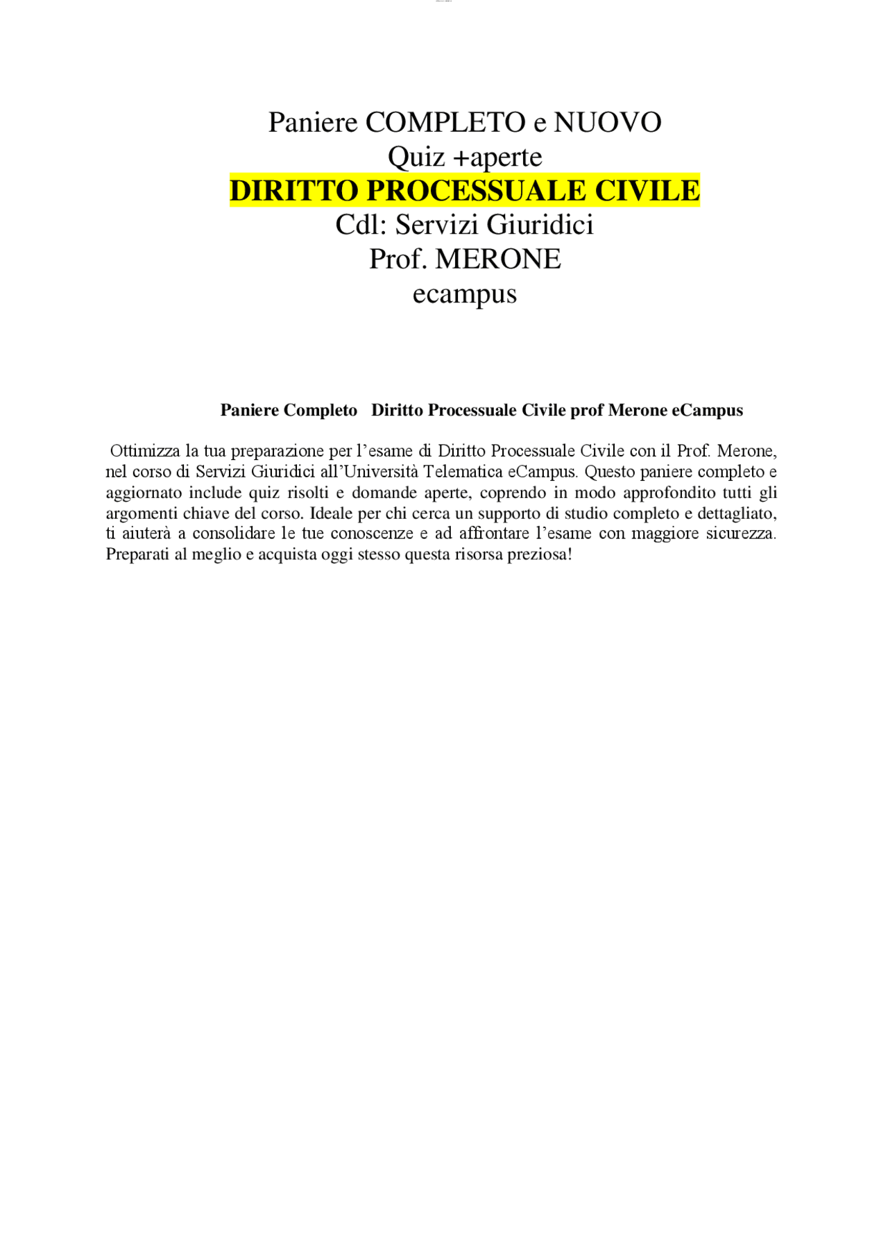 Paniere Completo Diritto Processuale Civile prof Merone eCampus | Panieri di Diritto Processuale ...
