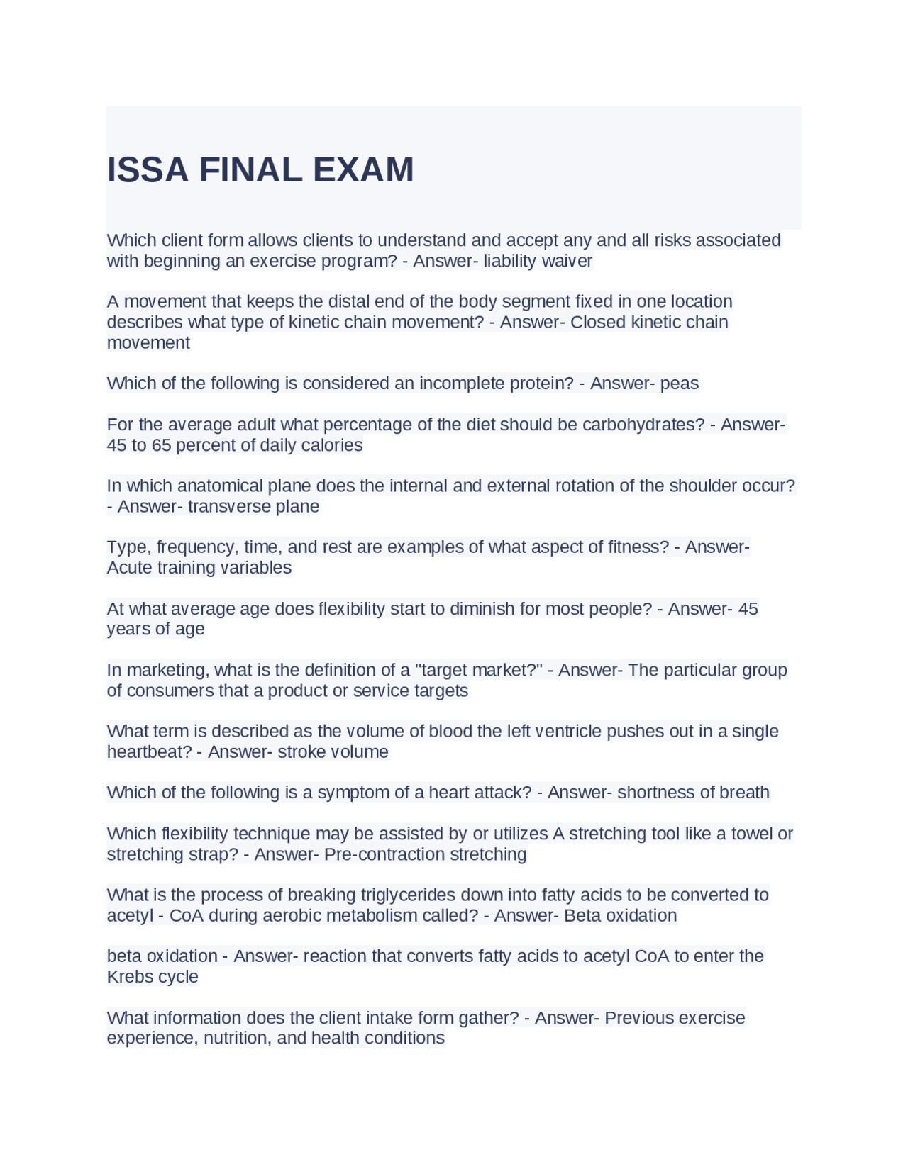 ISSA FINAL EXAM QUESTIONS AND ANSWERS 2024-2025 | Exams Nursing | Docsity