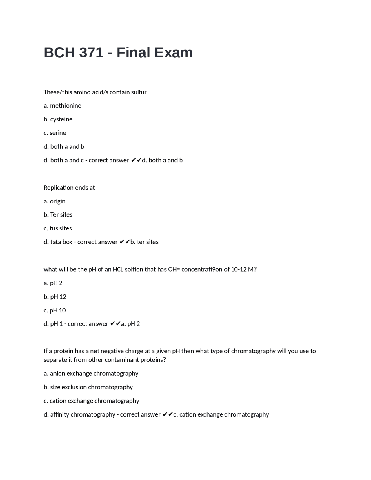 BCH 371 - Final Exam questions well answered | Exams Nursing | Docsity